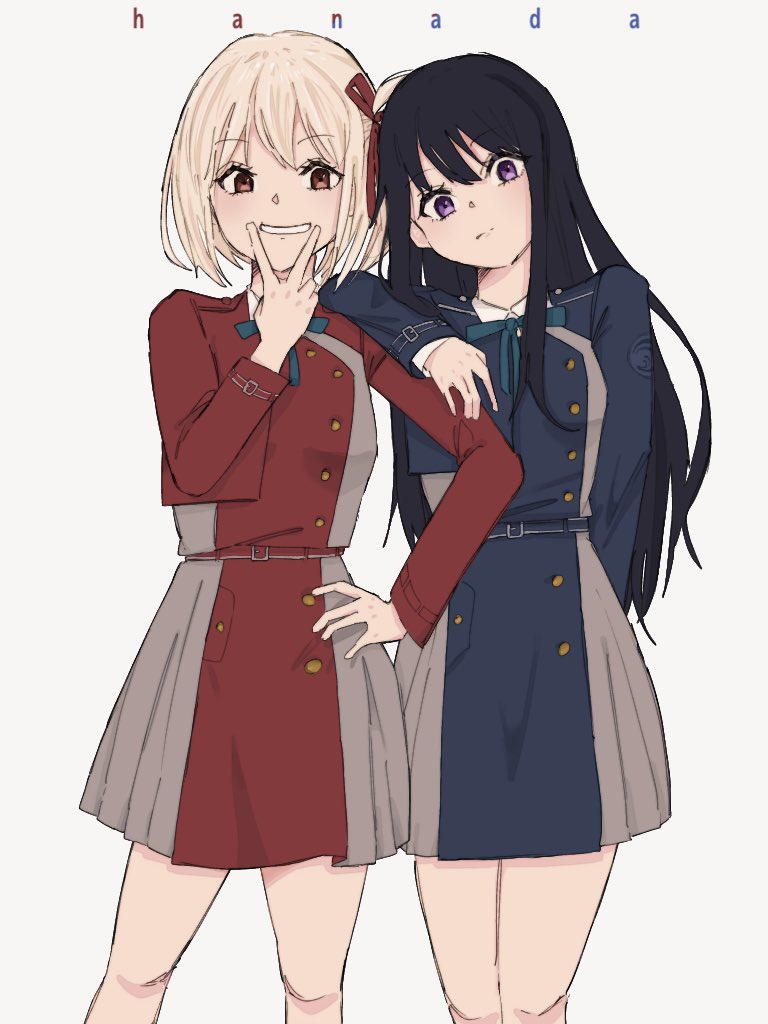 Safebooru - 2girls aqua ribbon artist name belt black hair blonde hair blue belt blue dress bob ...