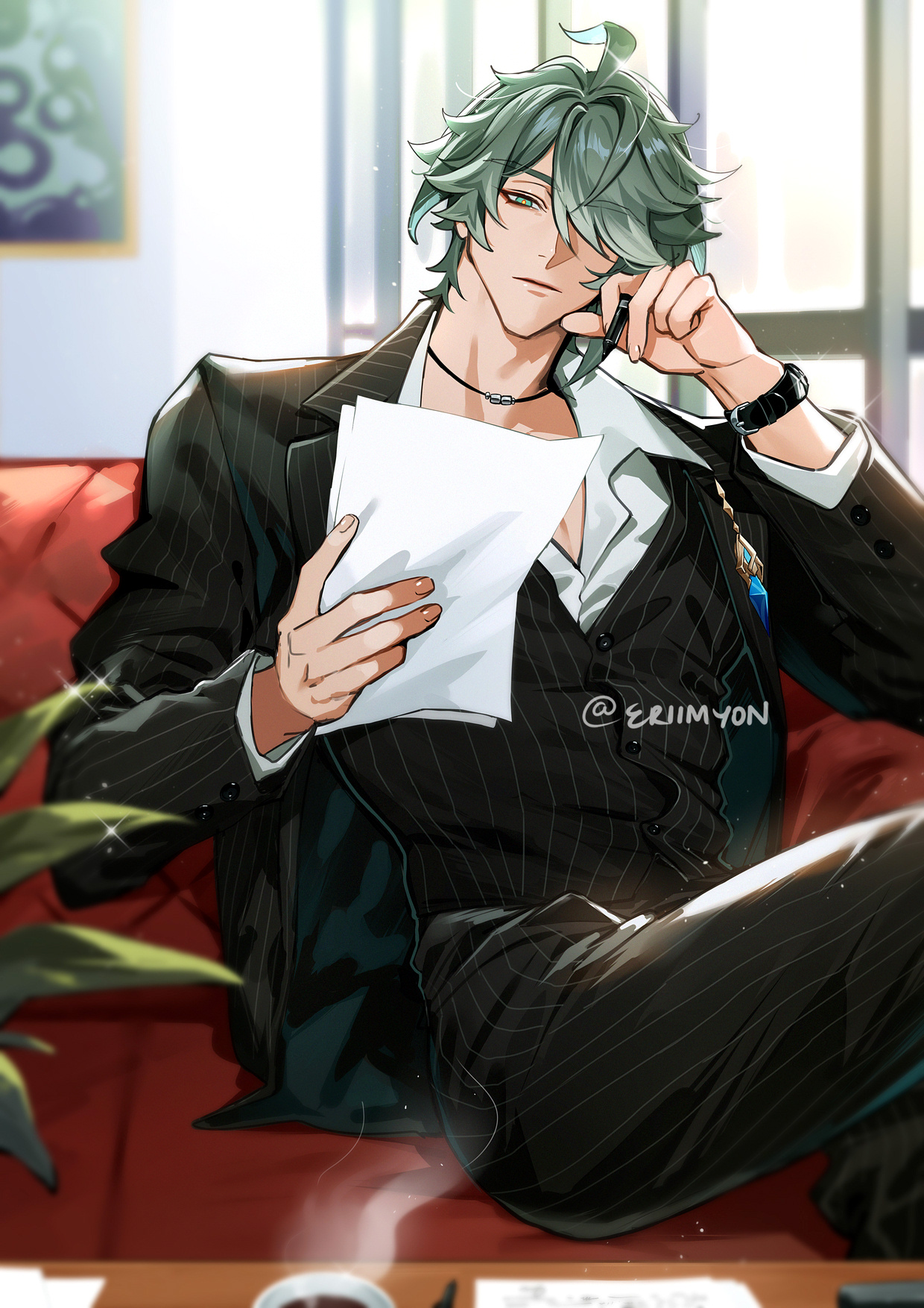 Safebooru - 1boy ahoge alhaitham (genshin impact) artist name black ...