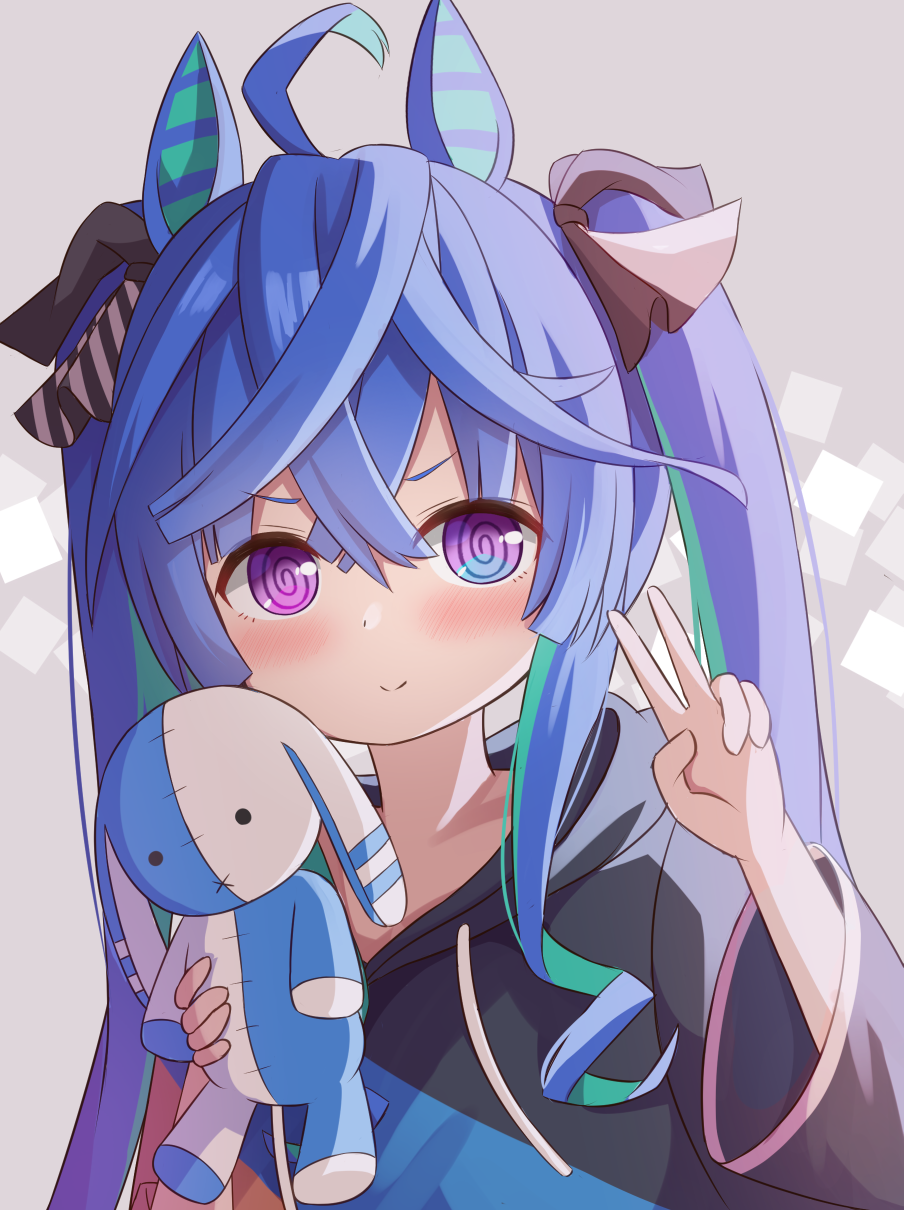 Safebooru - 1girl ahoge animal ears aqua hair black hoodie black ribbon blue eyes blue hair ...