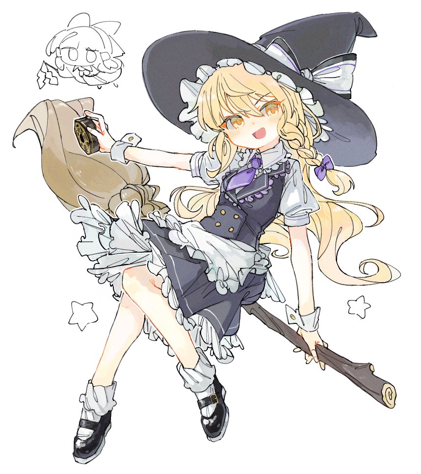 Safebooru - 2girls apron black footwear black headwear black skirt black vest blonde hair blush ...
