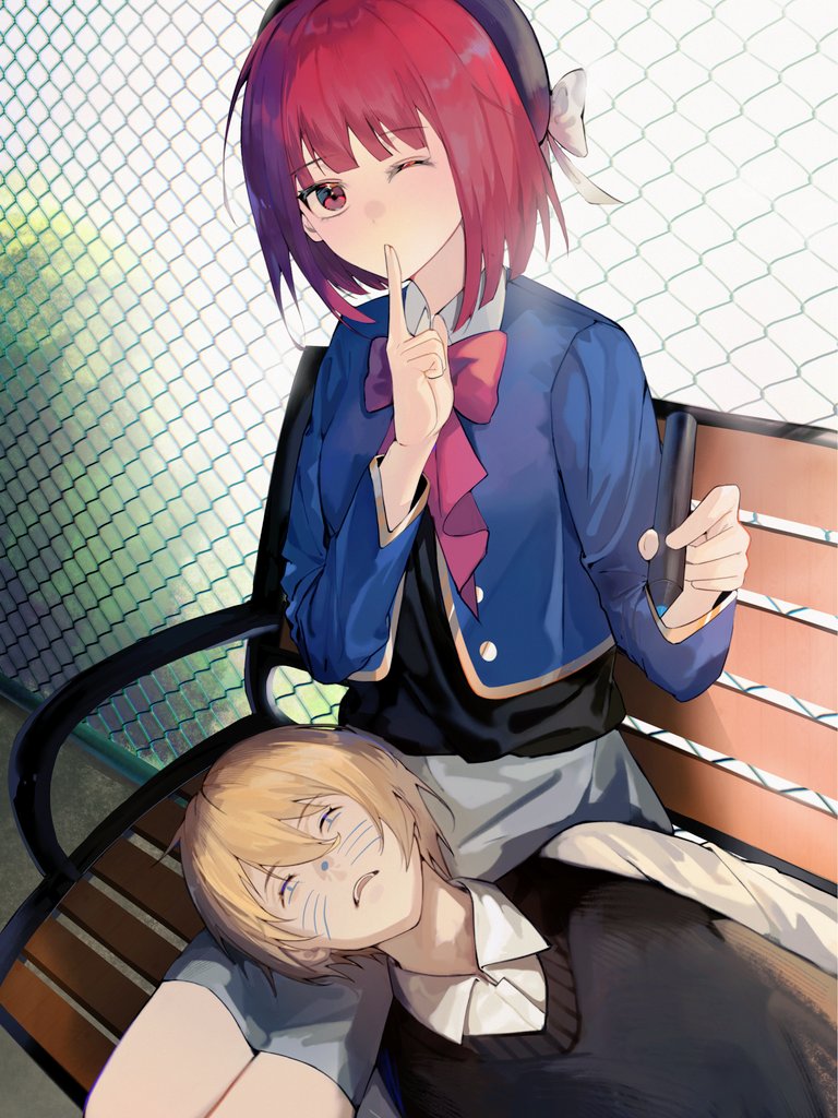 Safebooru - 1boy 1girl arima kana beret black sweater vest blonde hair blue vest bob cut closed ...