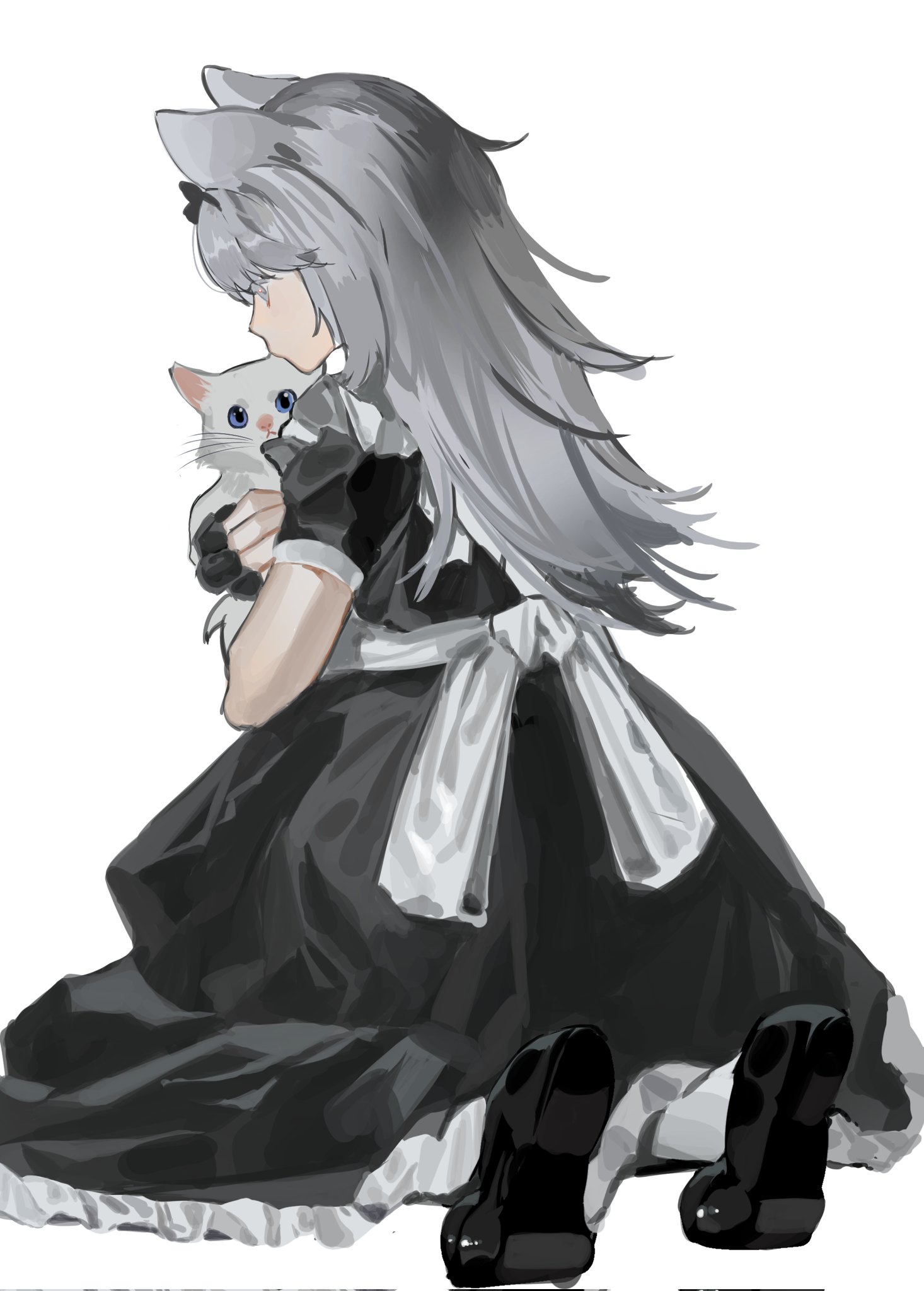 Safebooru - 1girl animal ears apron black bow black footwear black scrunchie bow cat cat ears ...