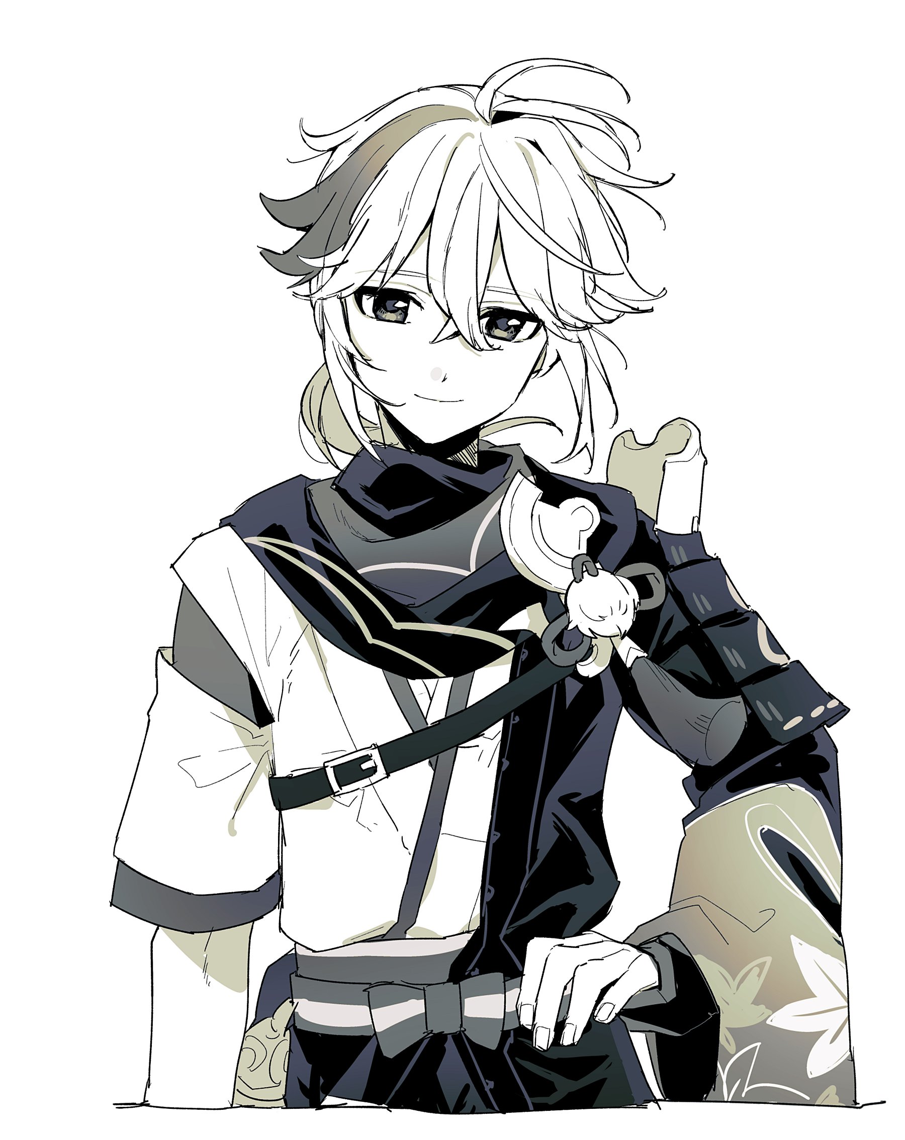 Safebooru - 1boy armor genshin impact greyscale hair between eyes hand ...