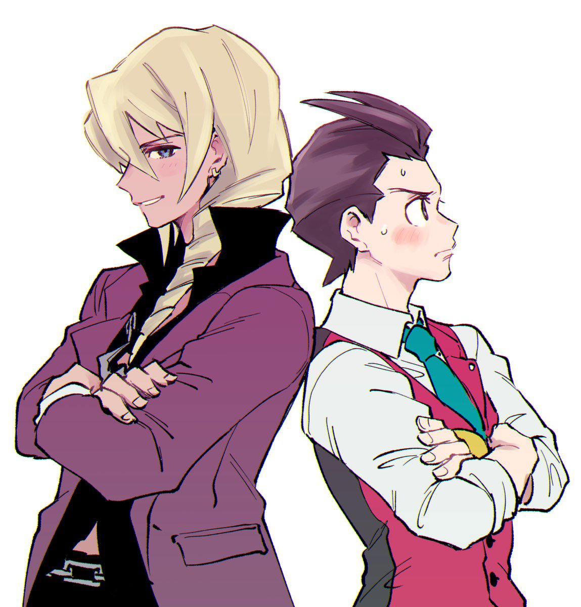 Safebooru - 2boys ace attorney antenna hair apollo justice aqua necktie back-to-back black shirt ...