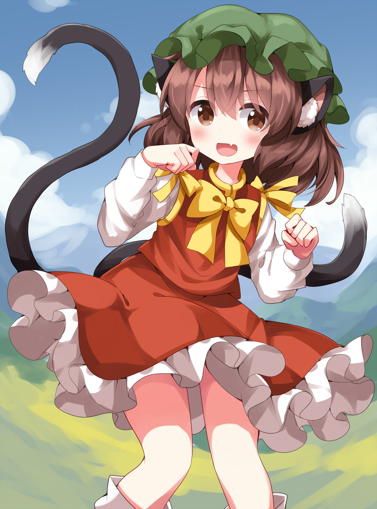 Safebooru - 1girl :d animal ear fluff animal ears blush boots bow bowtie brown eyes brown hair ...