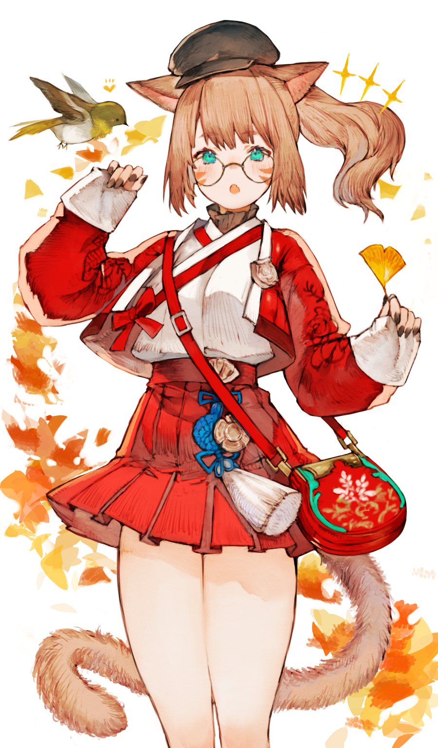 Safebooru - 1girl :o animal ears aqua eyes autumn leaves bag bird black ...