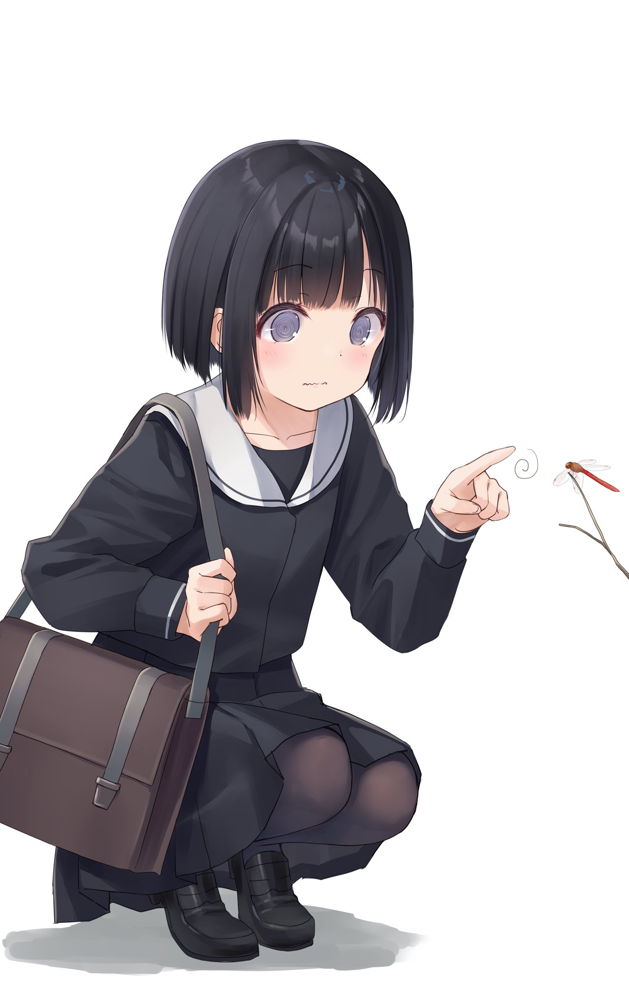 Safebooru - 1girl @ @ bag black footwear black hair black pantyhose black shirt black skirt ...