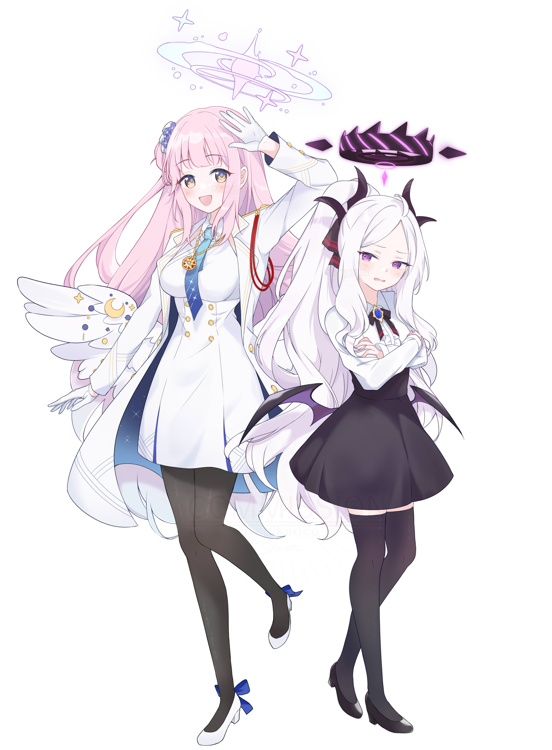 Safebooru - 2girls absurdres alternate costume angel wings black bow black bowtie black footwear ...