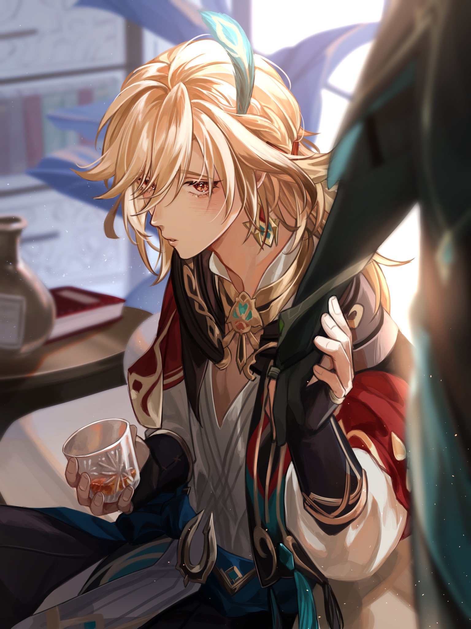 Safebooru - 2boys alcohol alhaitham (genshin impact) black gloves black pants blonde hair blue ...