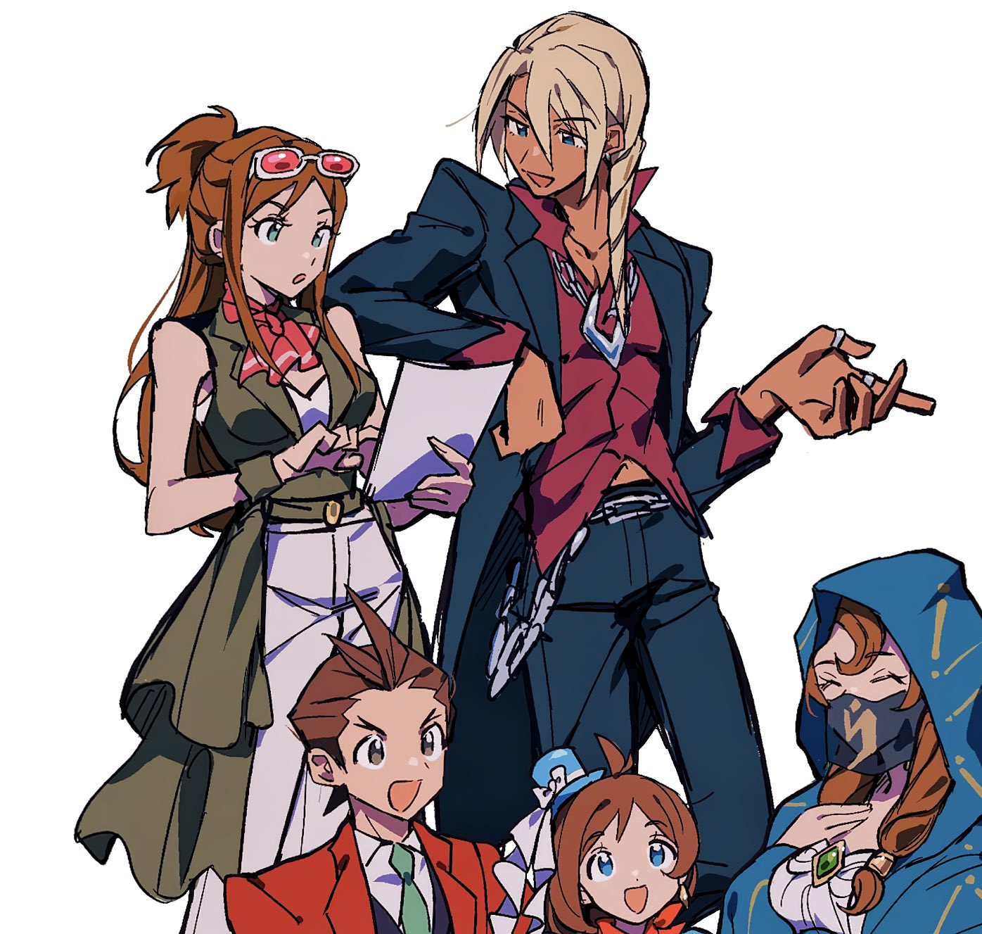 Safebooru - 2boys 3girls :d :o ace attorney antenna hair apollo justice arm on another's ...