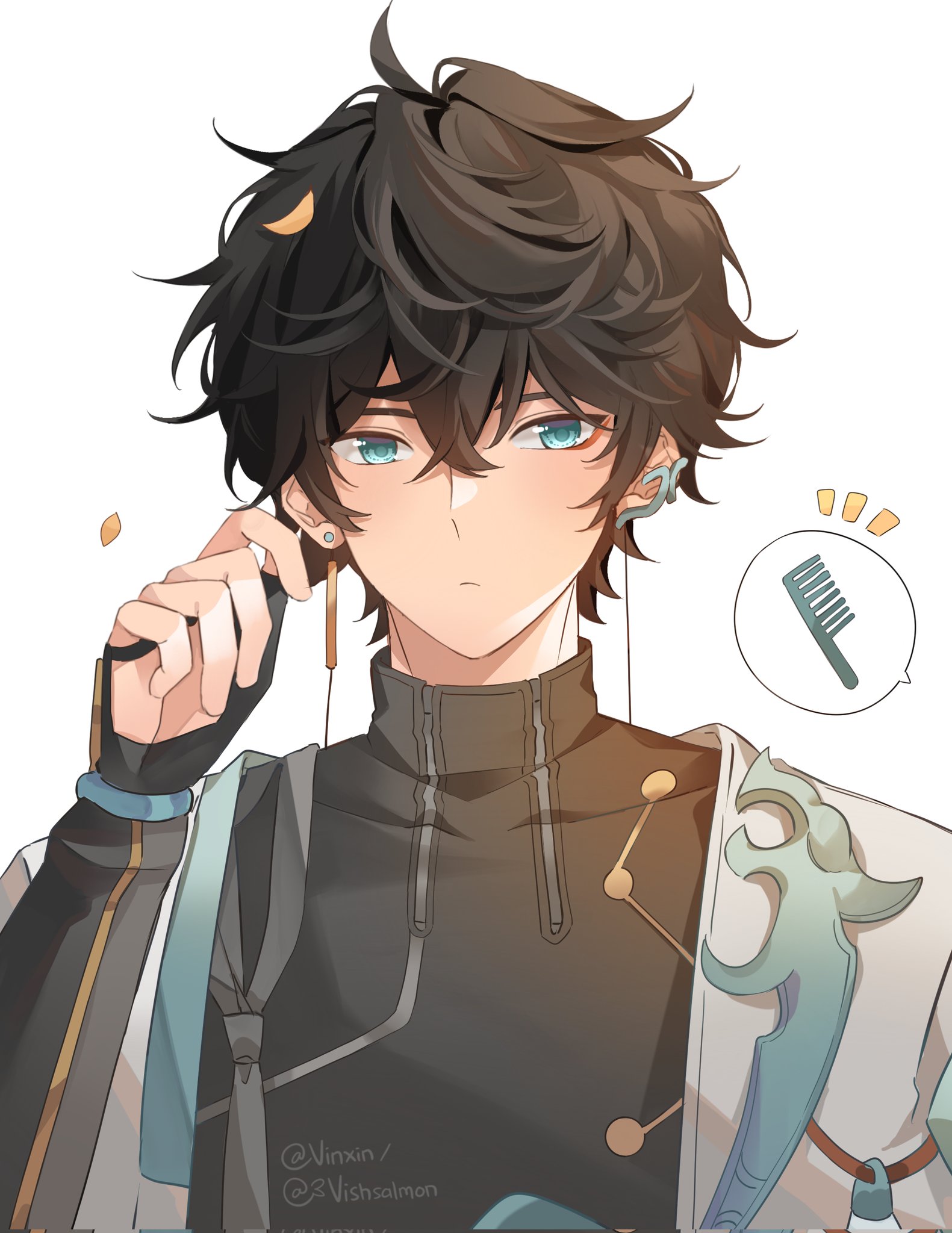 Safebooru - 1boy bishounen black hair dan heng (honkai: star rail) ear piercing green eyes hair ...