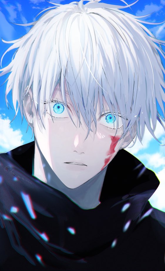 Safebooru - 1boy black jacket blood blood on face blue eyes blue sky gojou satoru ha mmmu jacket ...
