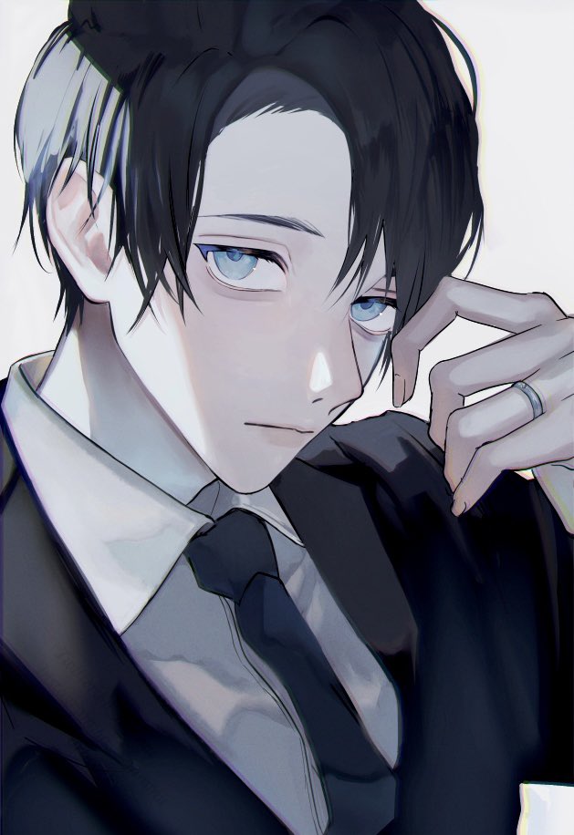 Safebooru - 1boy black hair black jacket black necktie black suit blue eyes closed mouth ...