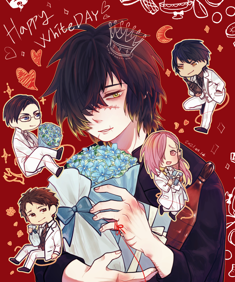 Safebooru - 2021 5boys black hair blonde hair blue flower bouquet chell ...