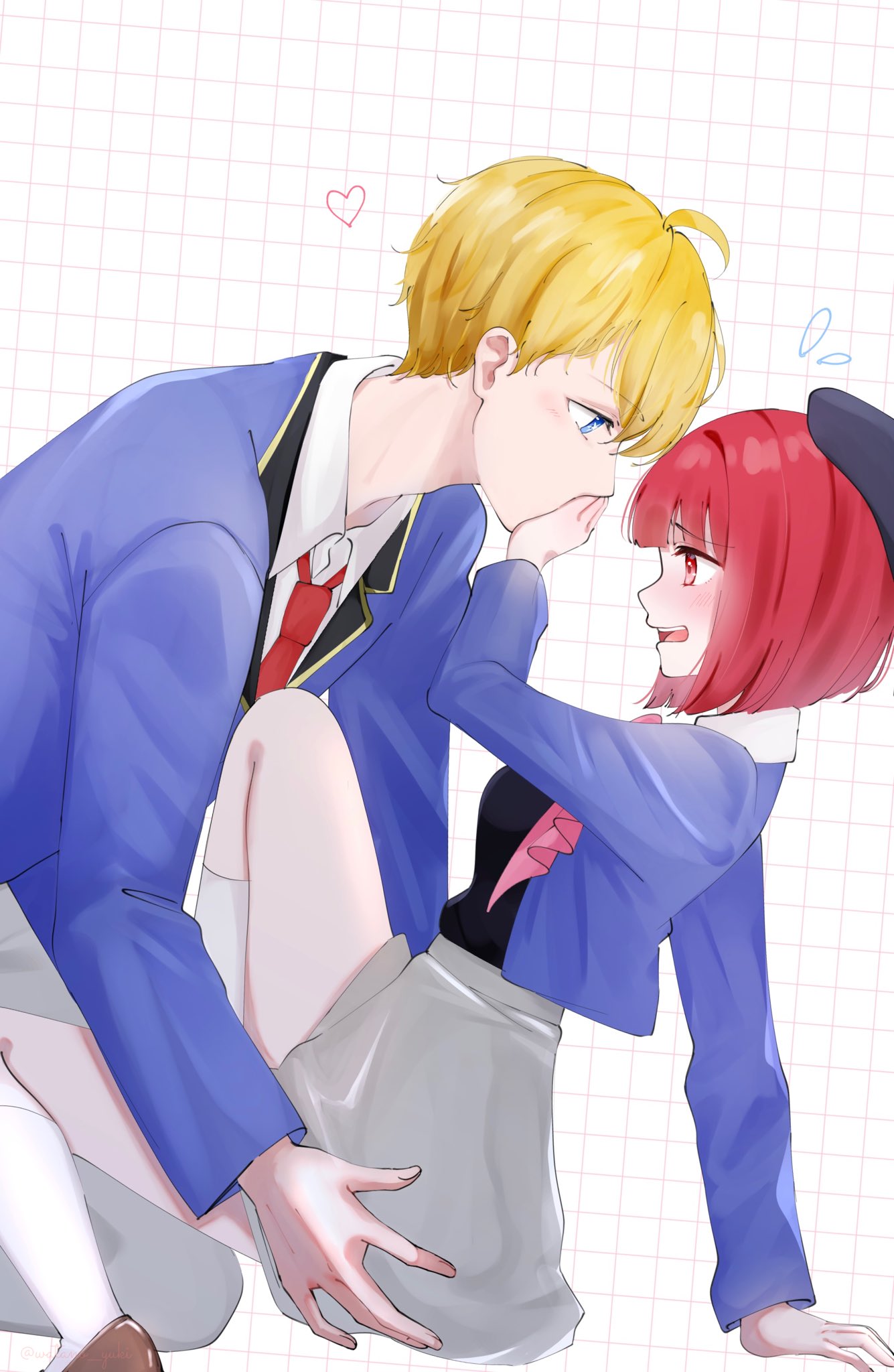 Safebooru - 1boy 1girl arima kana beret black sweater vest blue eyes blue vest blush bob cut ...