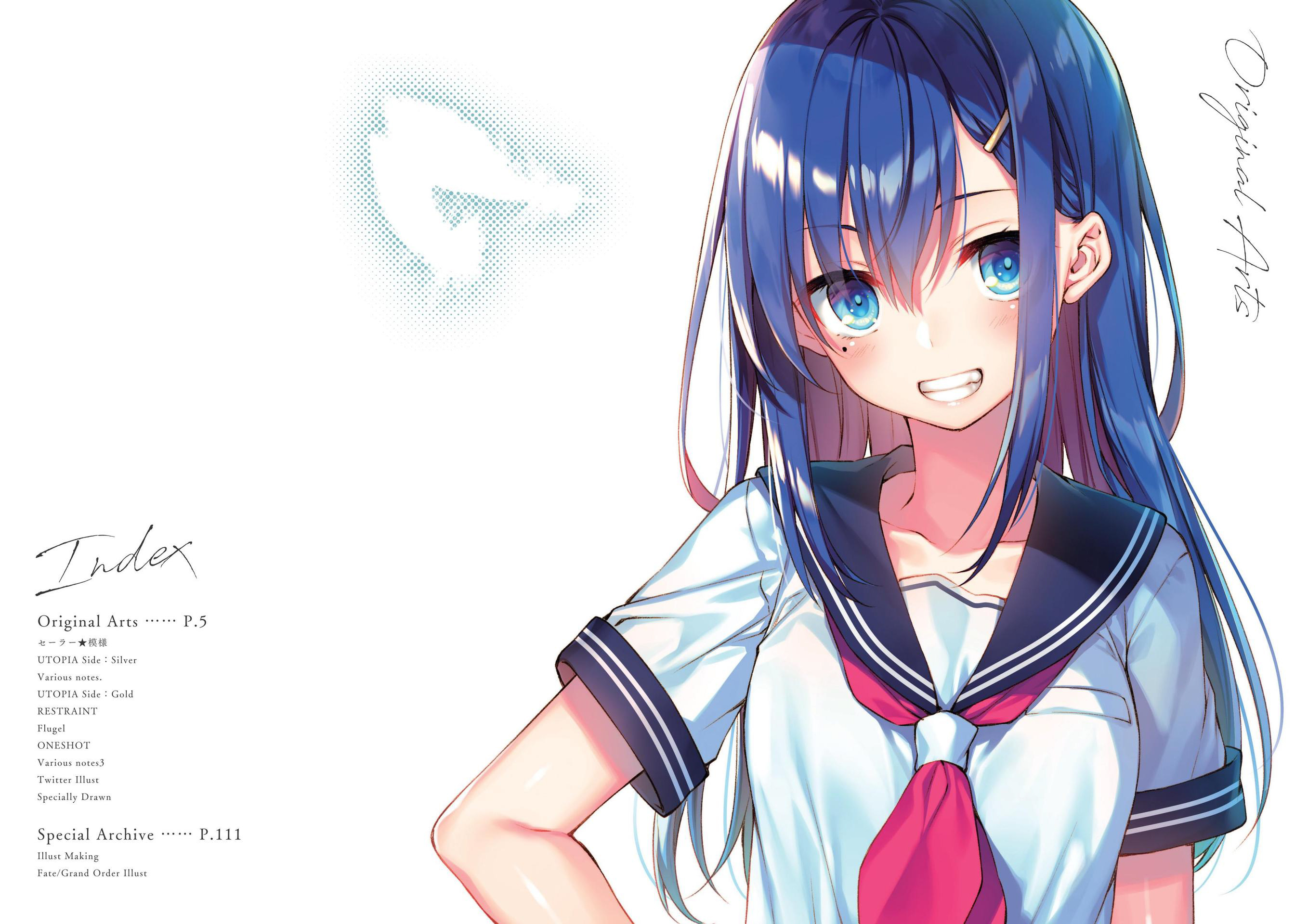 Safebooru - 1girl black sailor collar blue eyes blue hair collarbone english text hair between ...
