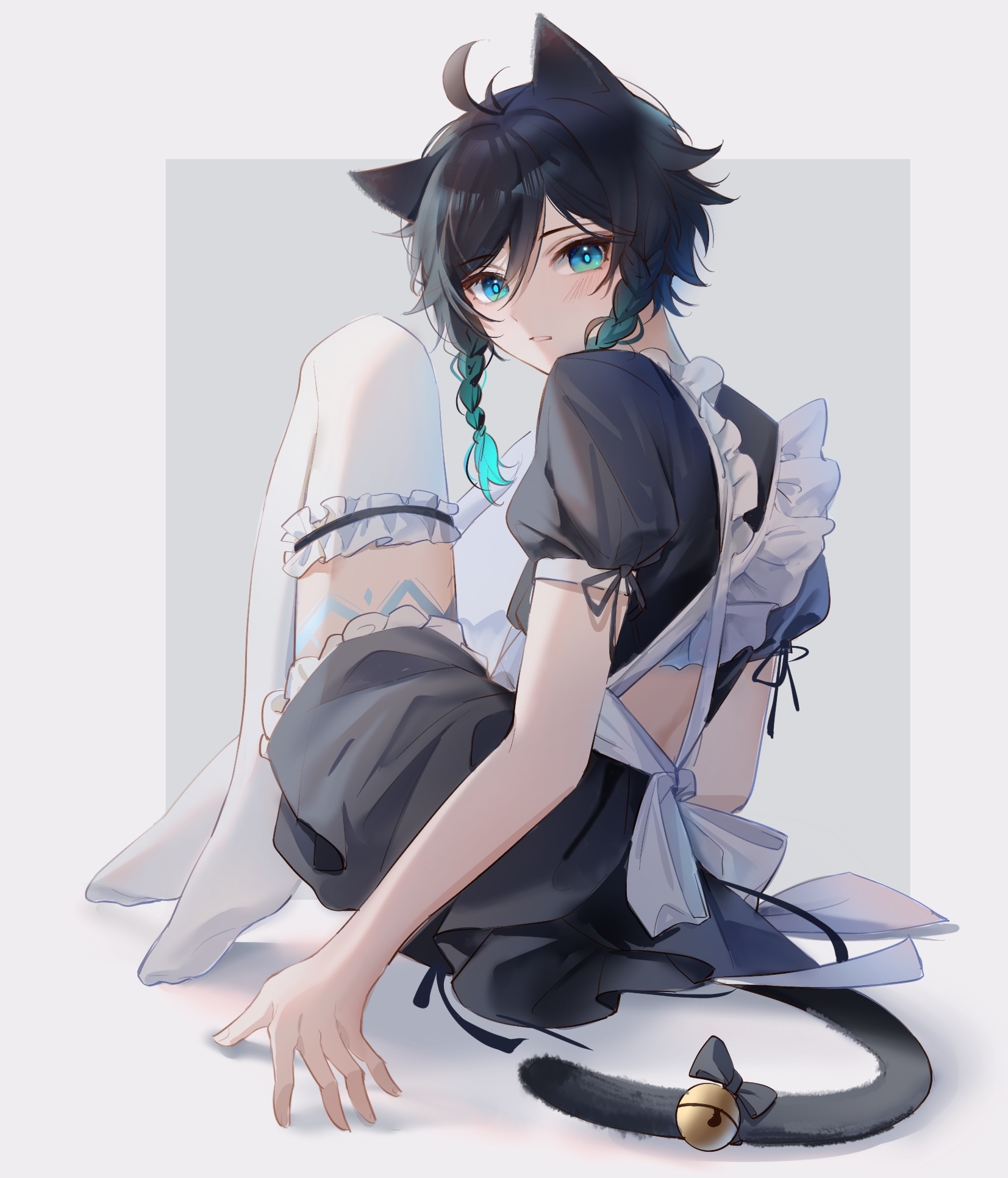 Safebooru - 1boy ahoge alternate costume animal ears apron aqua eyes aqua hair back cutout bell ...