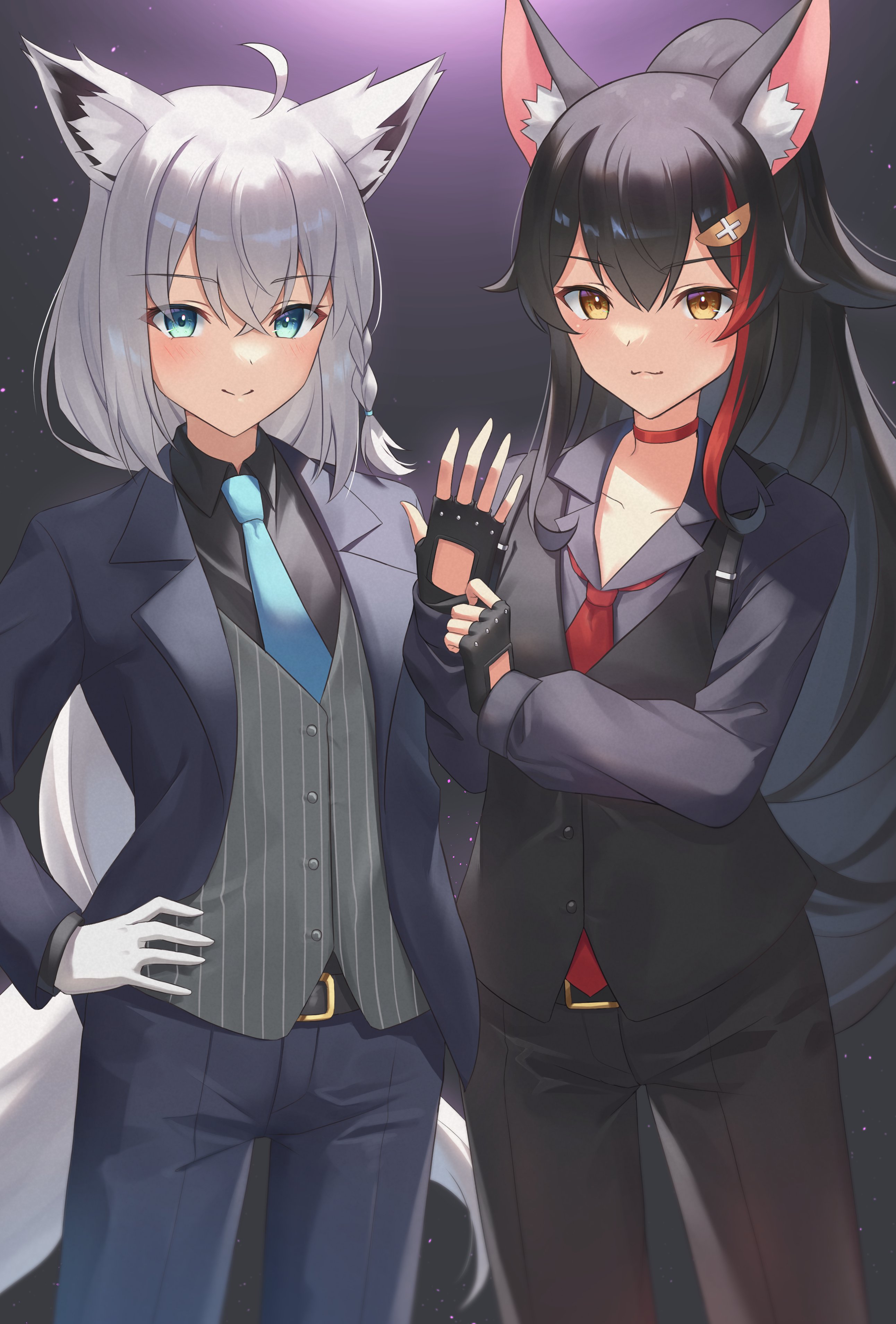 Safebooru - 2girls absurdres ahoge animal ear fluff animal ears belt black background black ...