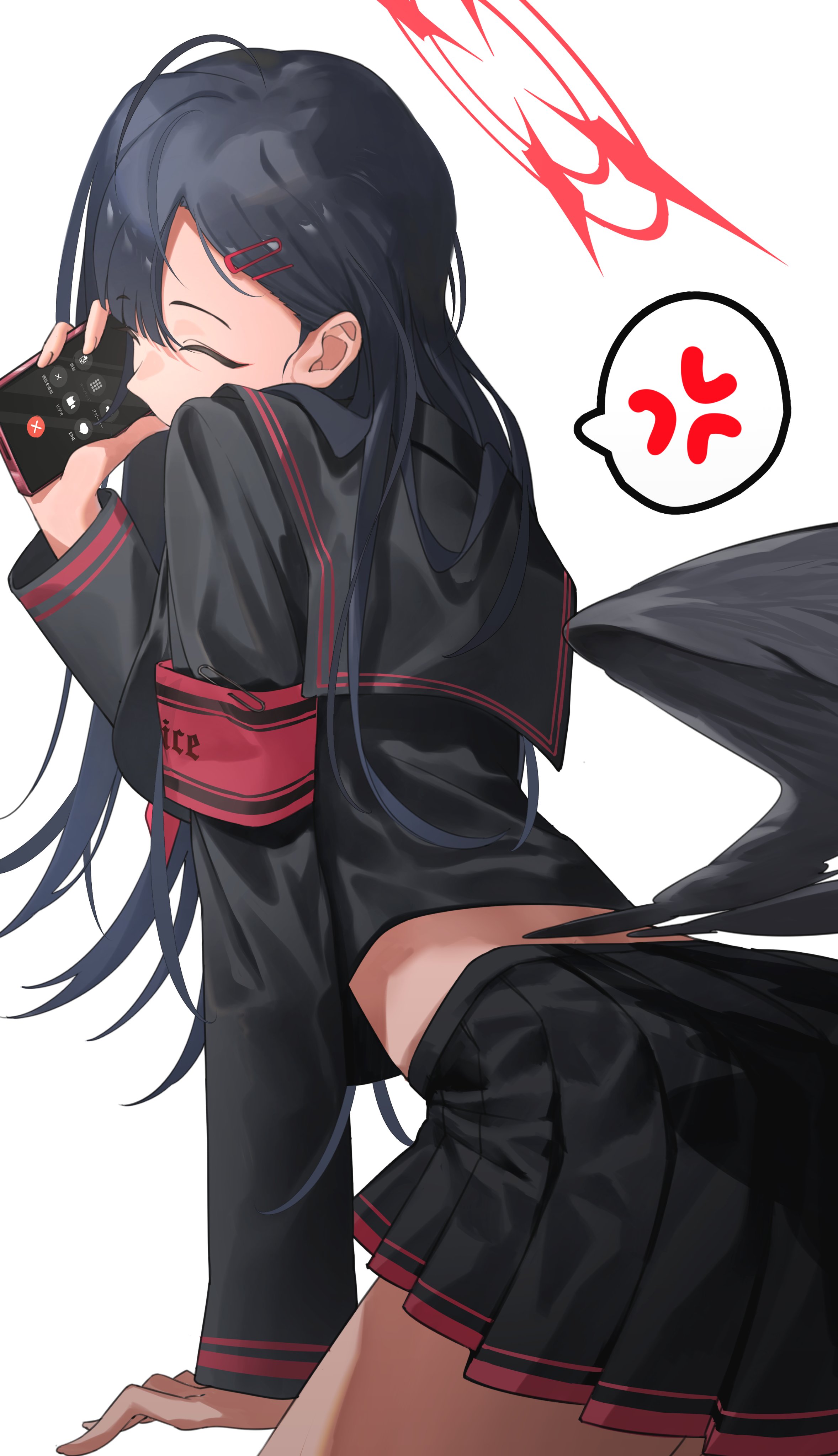 Safebooru - 1girl absurdres anger vein armband black hair black serafuku black skirt black wings ...