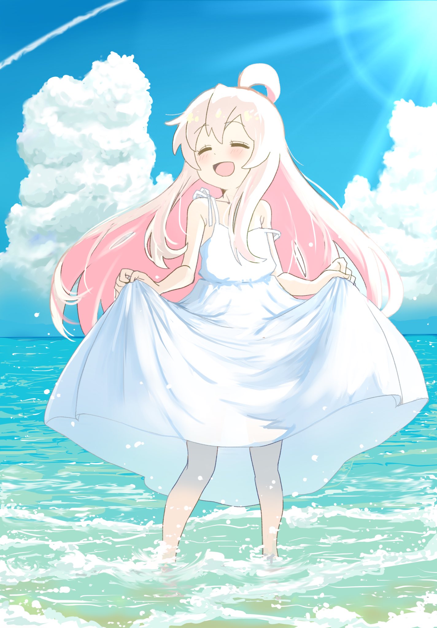 Safebooru - 1girl ahoge beach blush closed eyes clothes lift clouds ...
