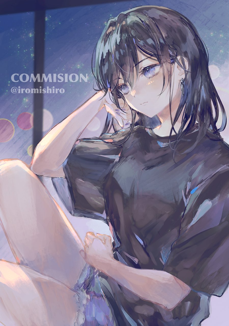 Safebooru - 1girl black hair black shirt blue eyes blush commentary commission denim denim ...
