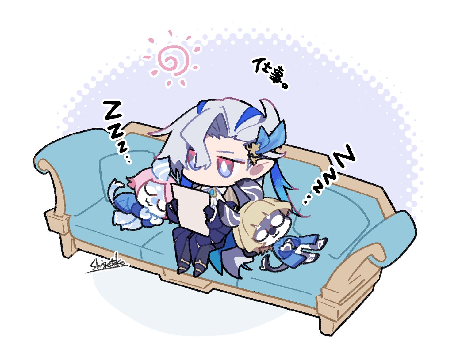 Safebooru - 1boy 2girls blue eyes chibi couch genshin impact holding ...