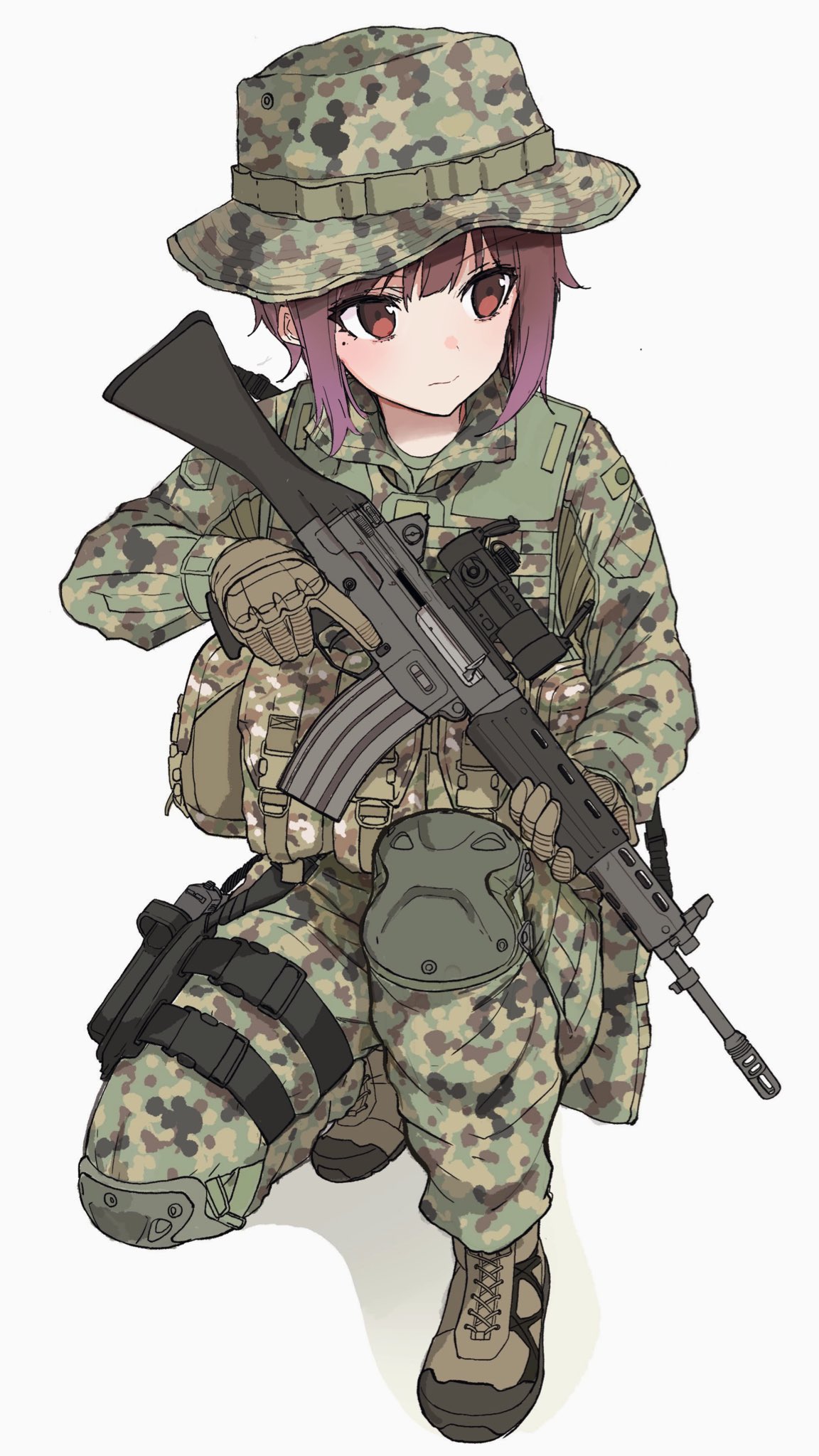Safebooru - 1girl assault rifle boonie hat brown gloves brown hair ...