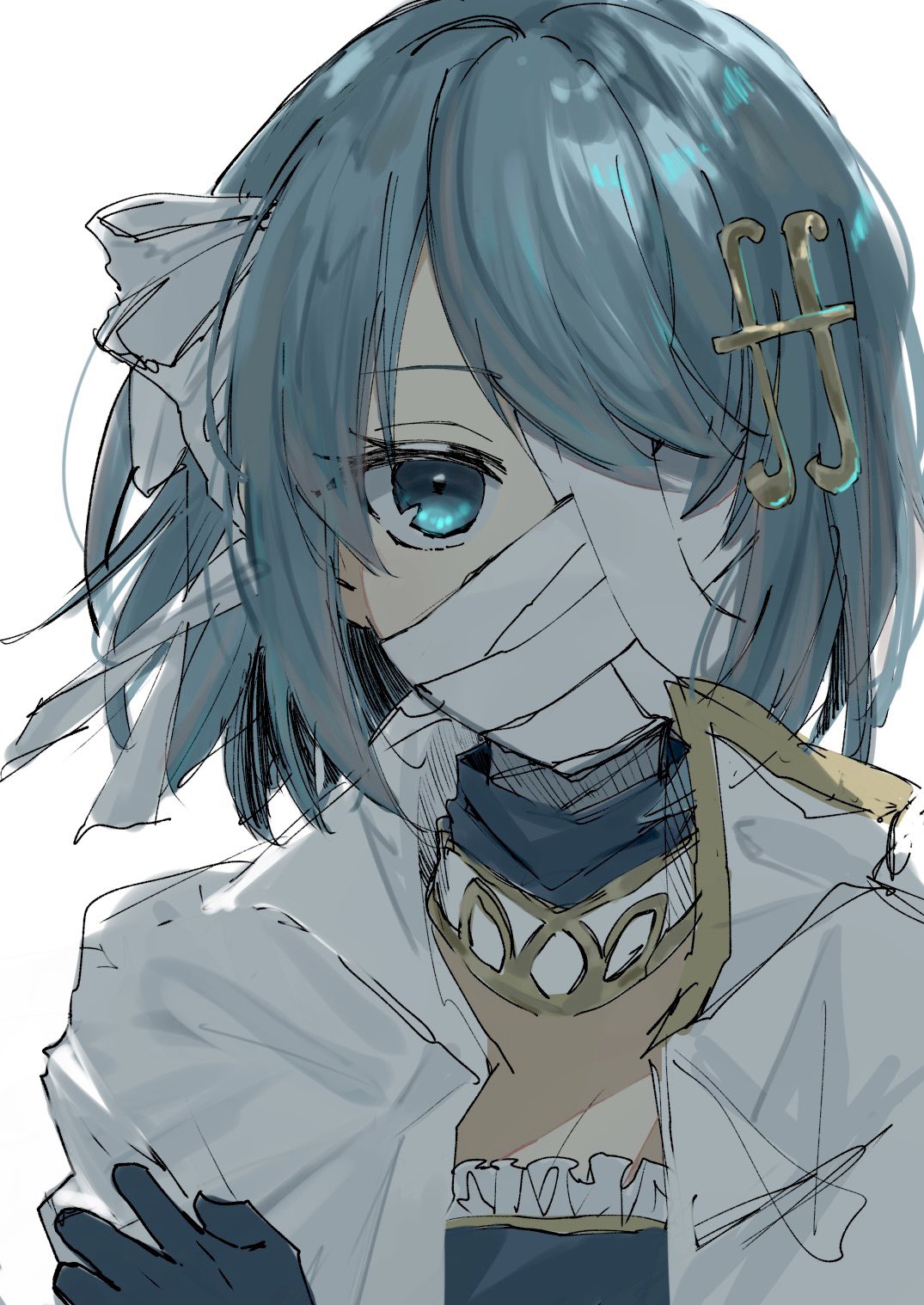 Safebooru - 1girl bandage on face bandaged head bandages blue eyes blue gloves blue hair bow ...