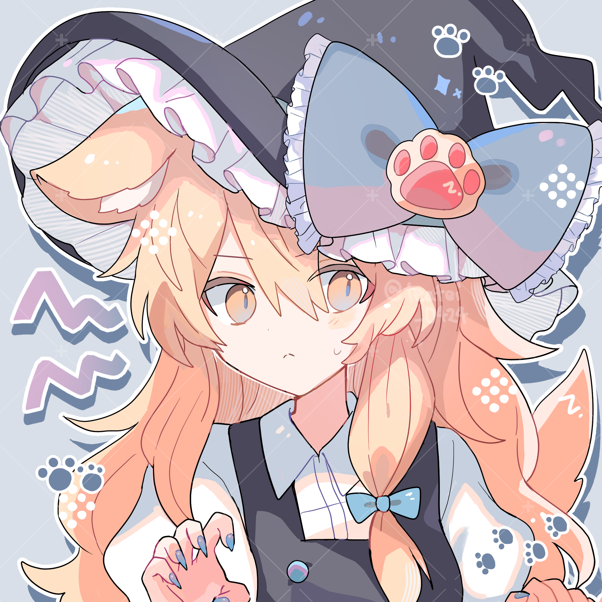 Safebooru - 1girl animal ears black headwear black vest blonde hair blue bow blue nails blush ...