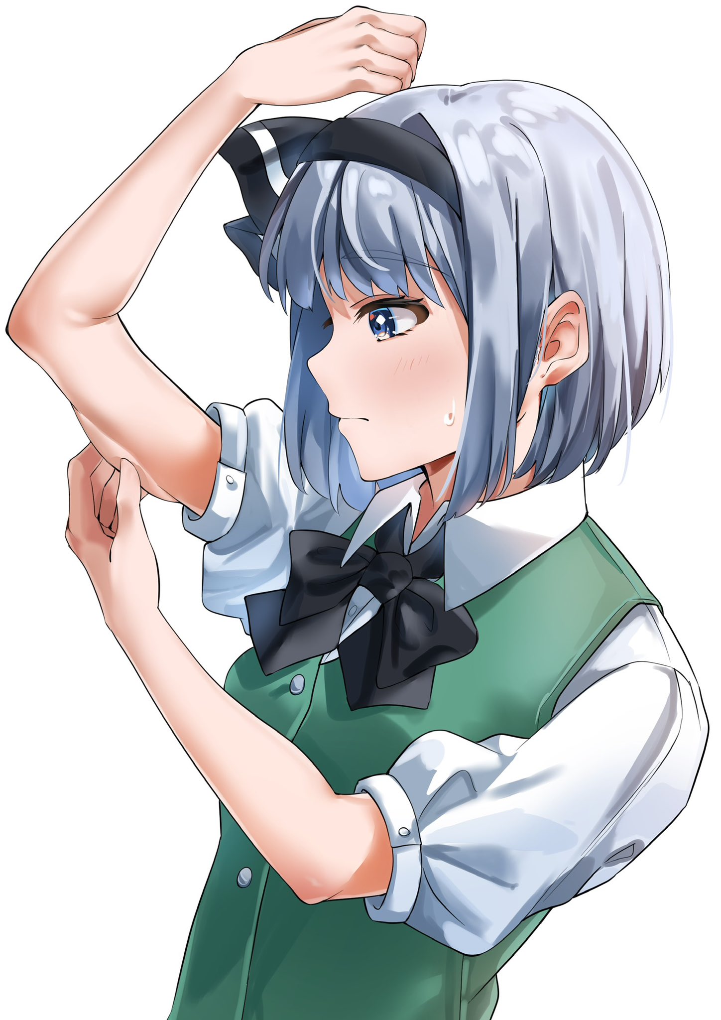 Safebooru - 1girl arm up black bow black bowtie black ribbon blue eyes blush bow bowtie closed ...