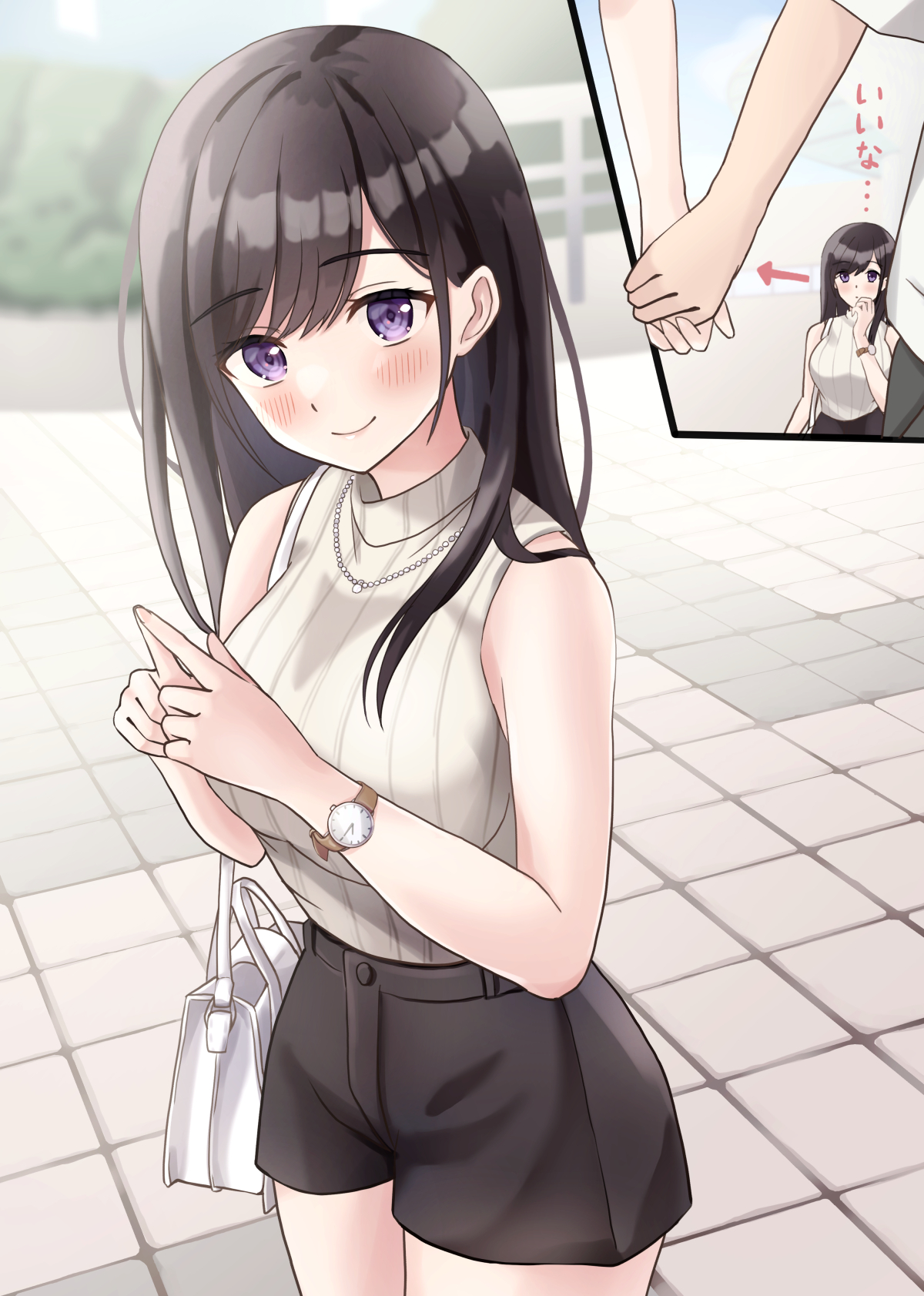 Safebooru - 1boy 2girls arrow (symbol) bag bare arms bare shoulders black hair black shorts ...