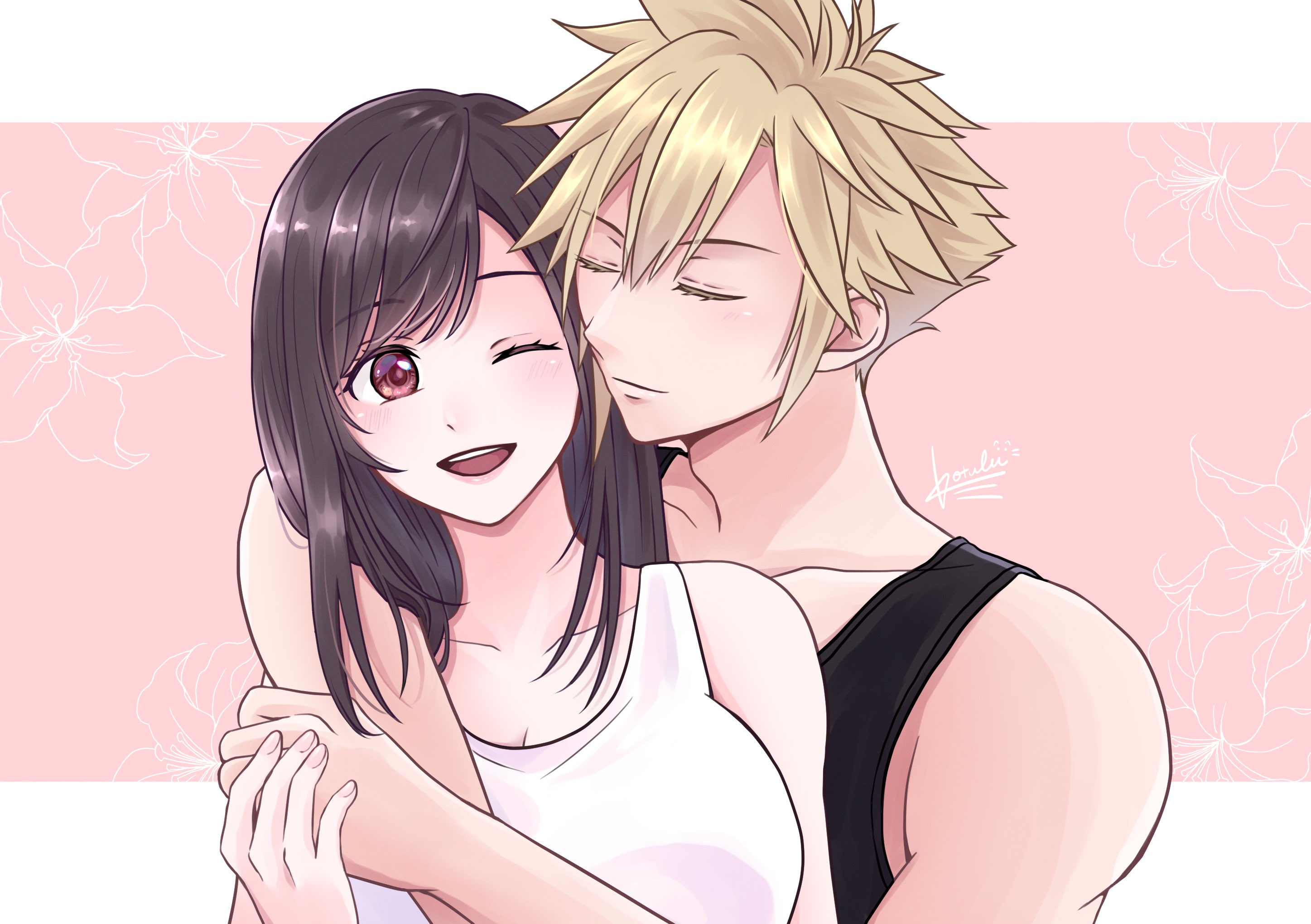 Safebooru - 1boy 1girl black hair black singlet blonde hair closed eyes cloud strife final ...