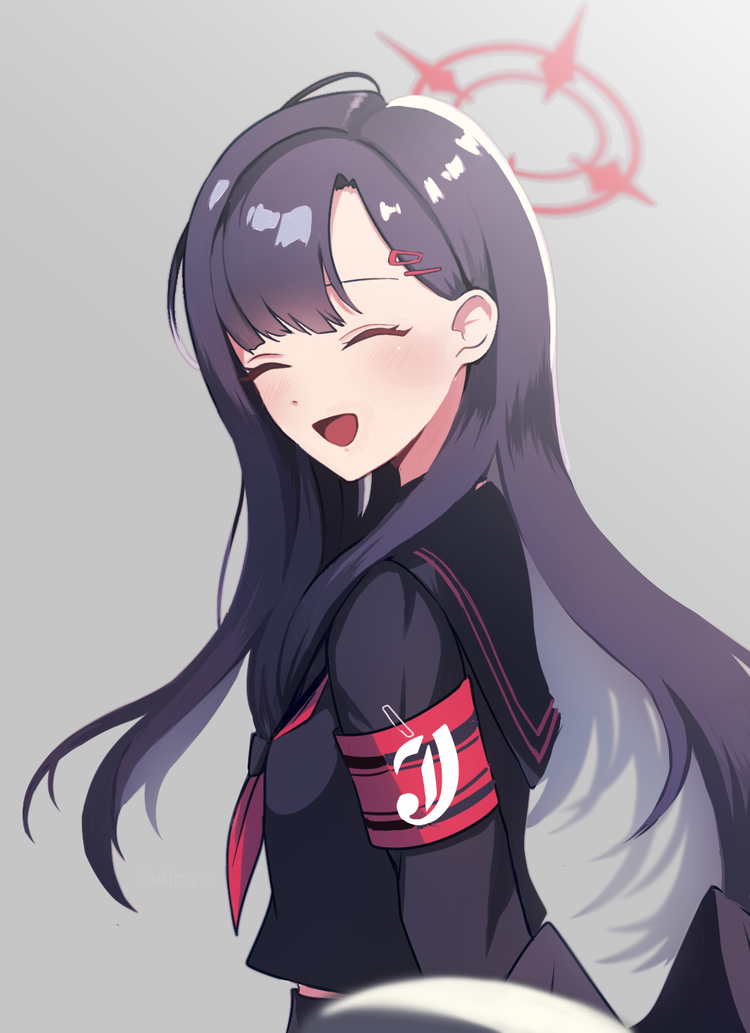 Safebooru - 1girl armband black hair black serafuku blue archive blush closed eyes flaw (4lmnis ...