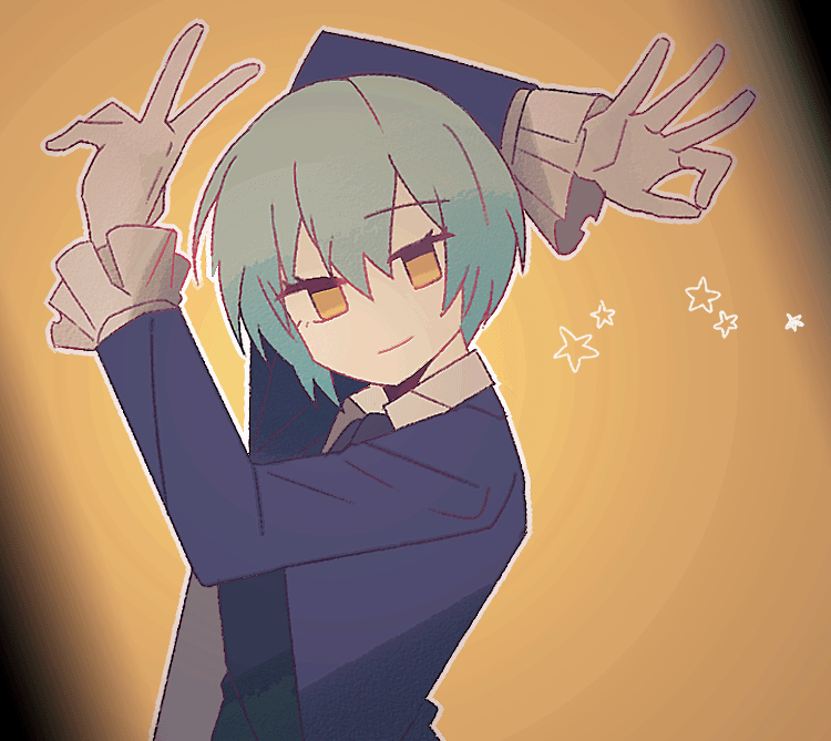 Safebooru - 1girl 20 (1more surren) angela (project moon) arms up blue coat blue hair cheese ...