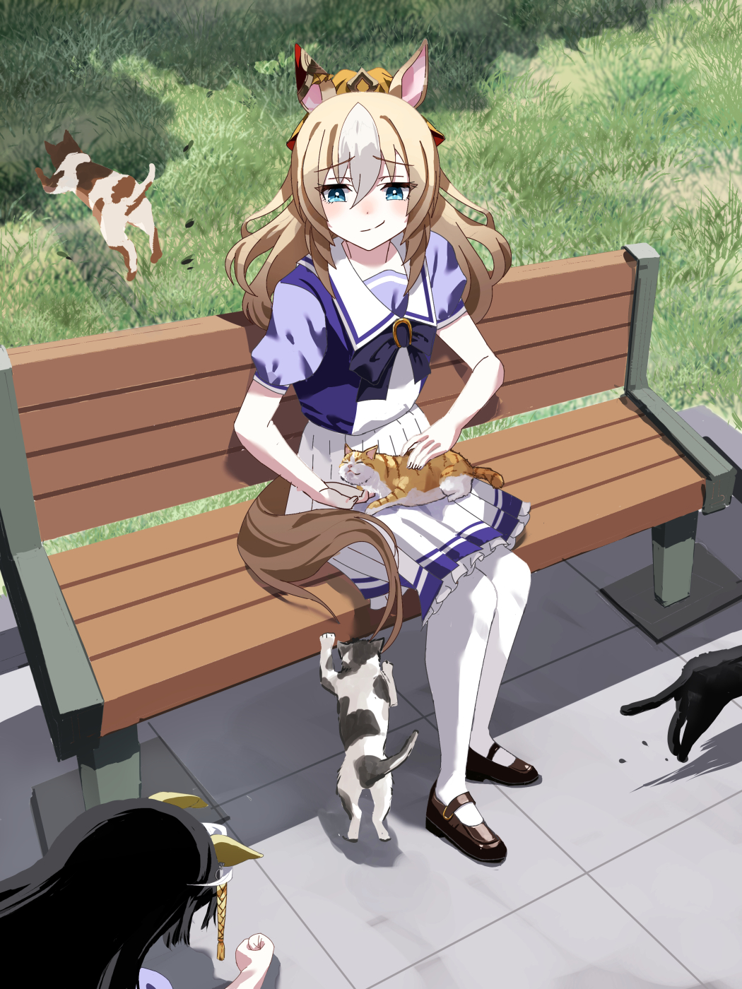 Safebooru - 2girls animal ears animal on lap bench blonde hair blue ...