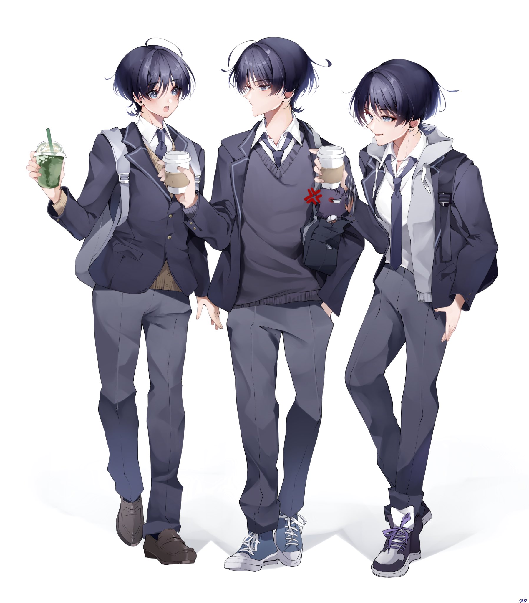 Safebooru - 3boys alternate costume backpack bag black hair black jacket black necktie black ...