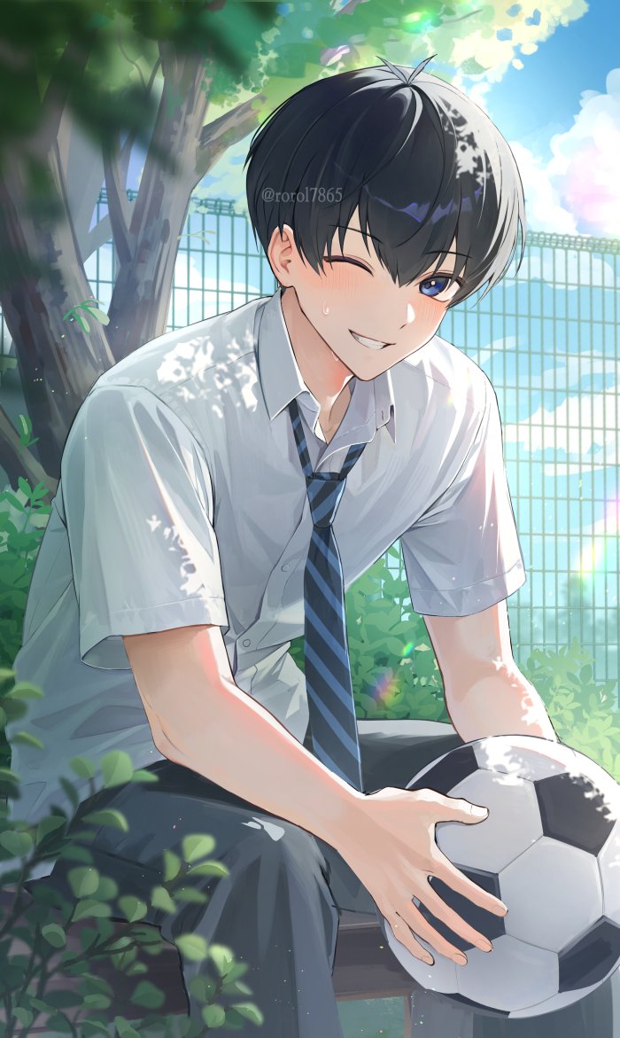 Safebooru - 1boy ball black hair black necktie black pants blue eyes blue lock blush holding ...