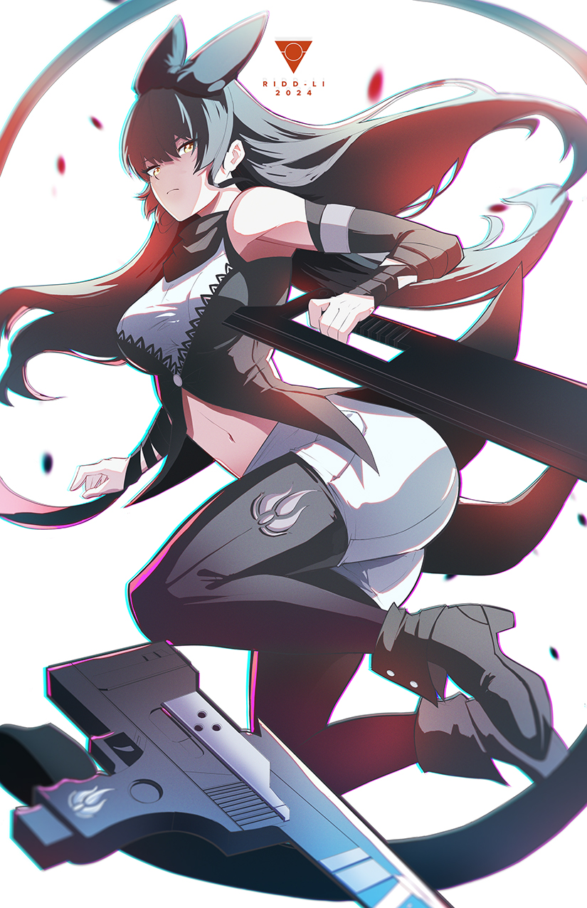 Safebooru - 1girl animal ears artist name bare shoulders black footwear black hair blake ...