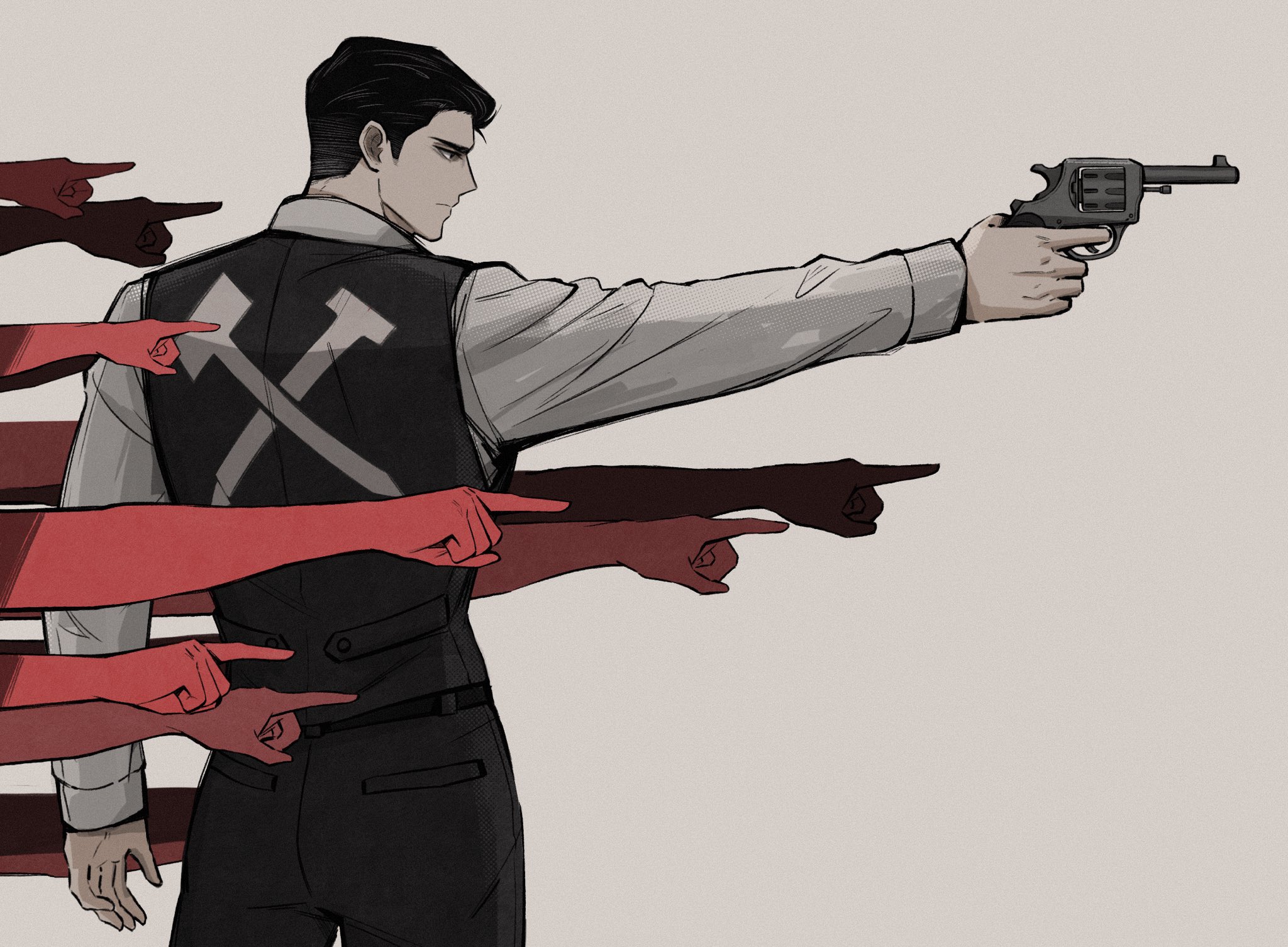 Safebooru - 1boy 4indroid belt black hair black pants black vest collared shirt colored skin ...