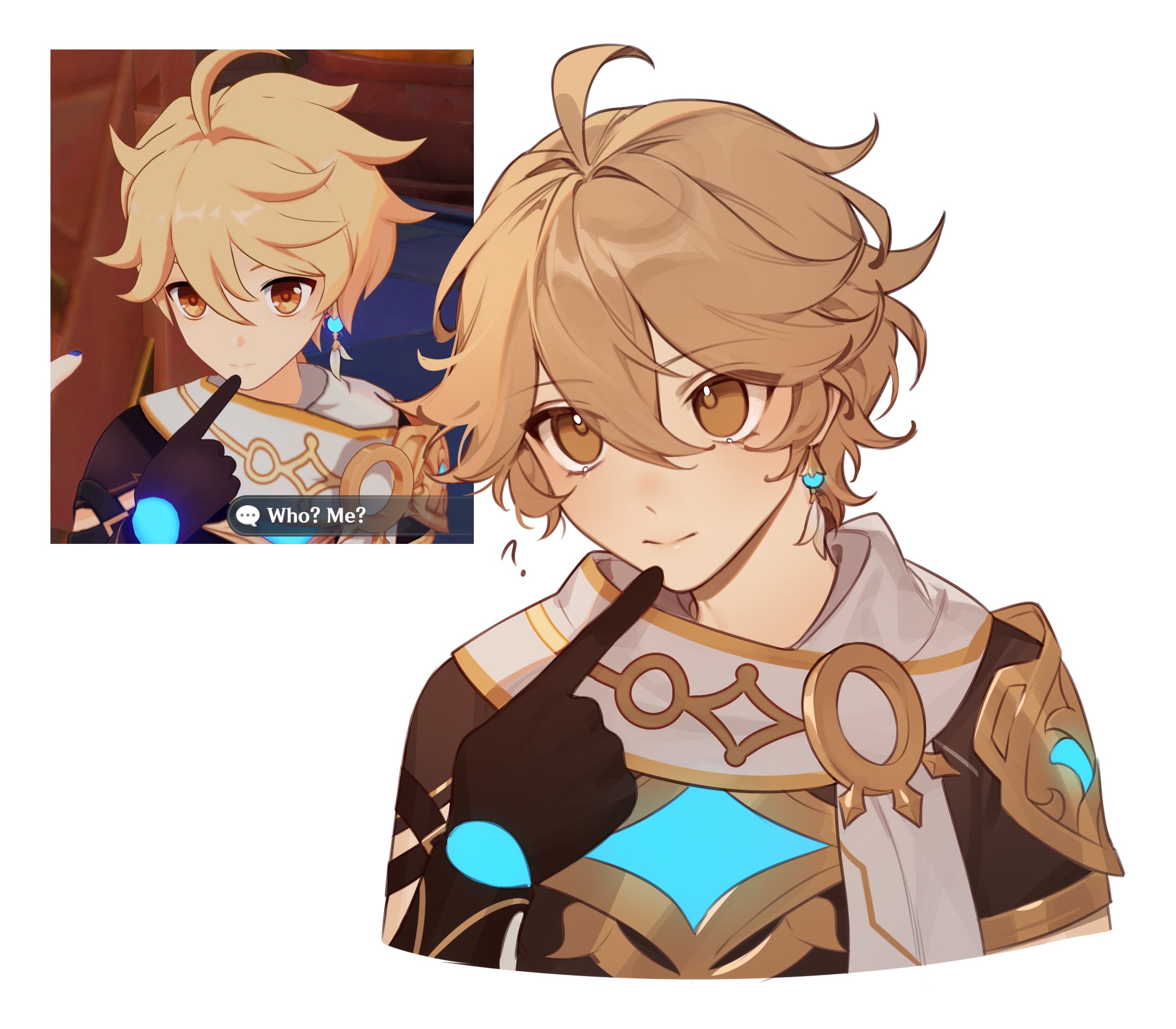 Safebooru - 1boy ? aether (genshin impact) ahoge armor black gloves blonde hair braid brown eyes ...