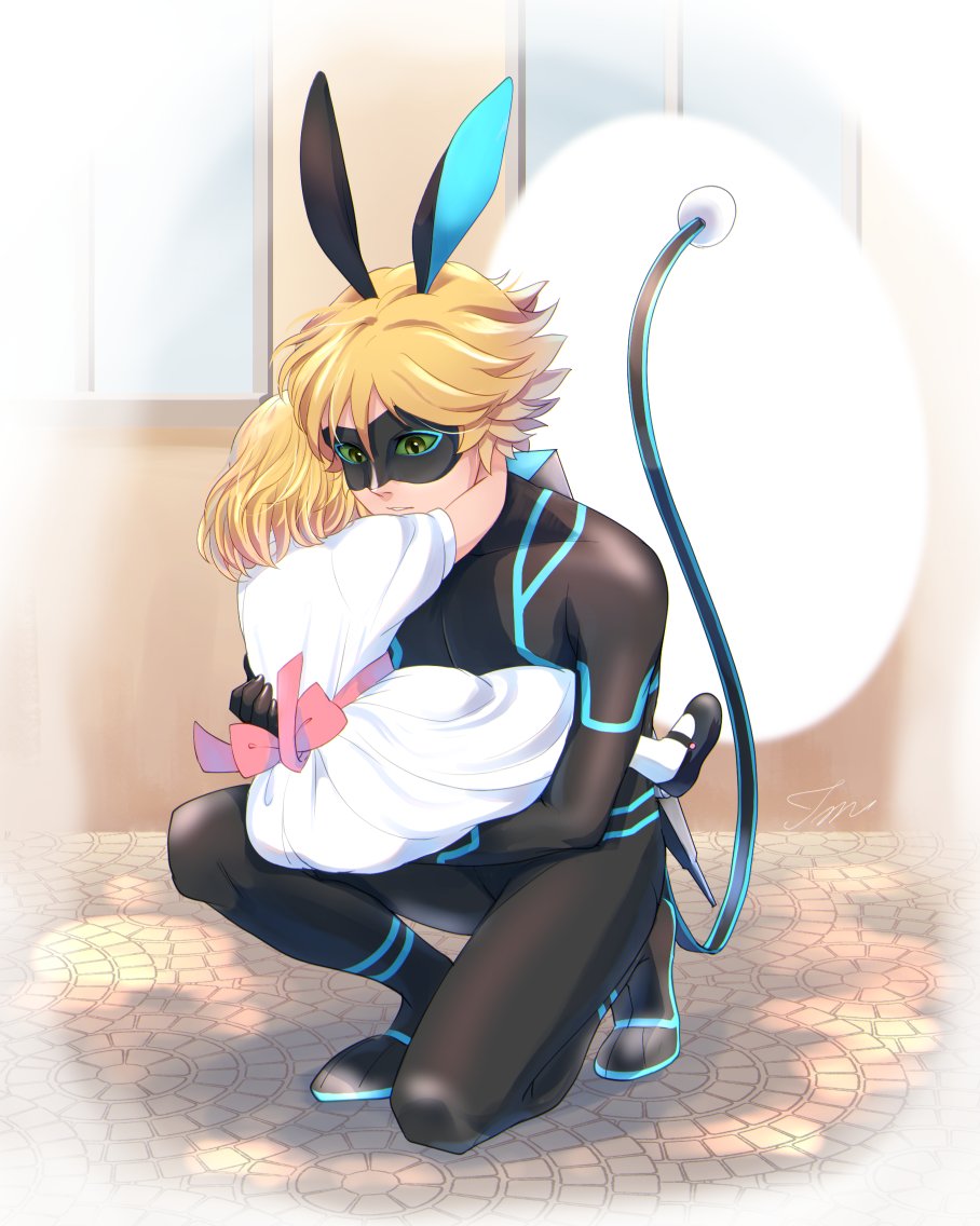 Safebooru - 1boy 1girl adrien agreste alternate costume animal ears black bodysuit blonde hair ...