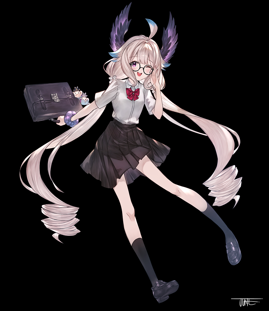 Safebooru - 1girl ahoge bag black background black bag black footwear black skirt black socks ...