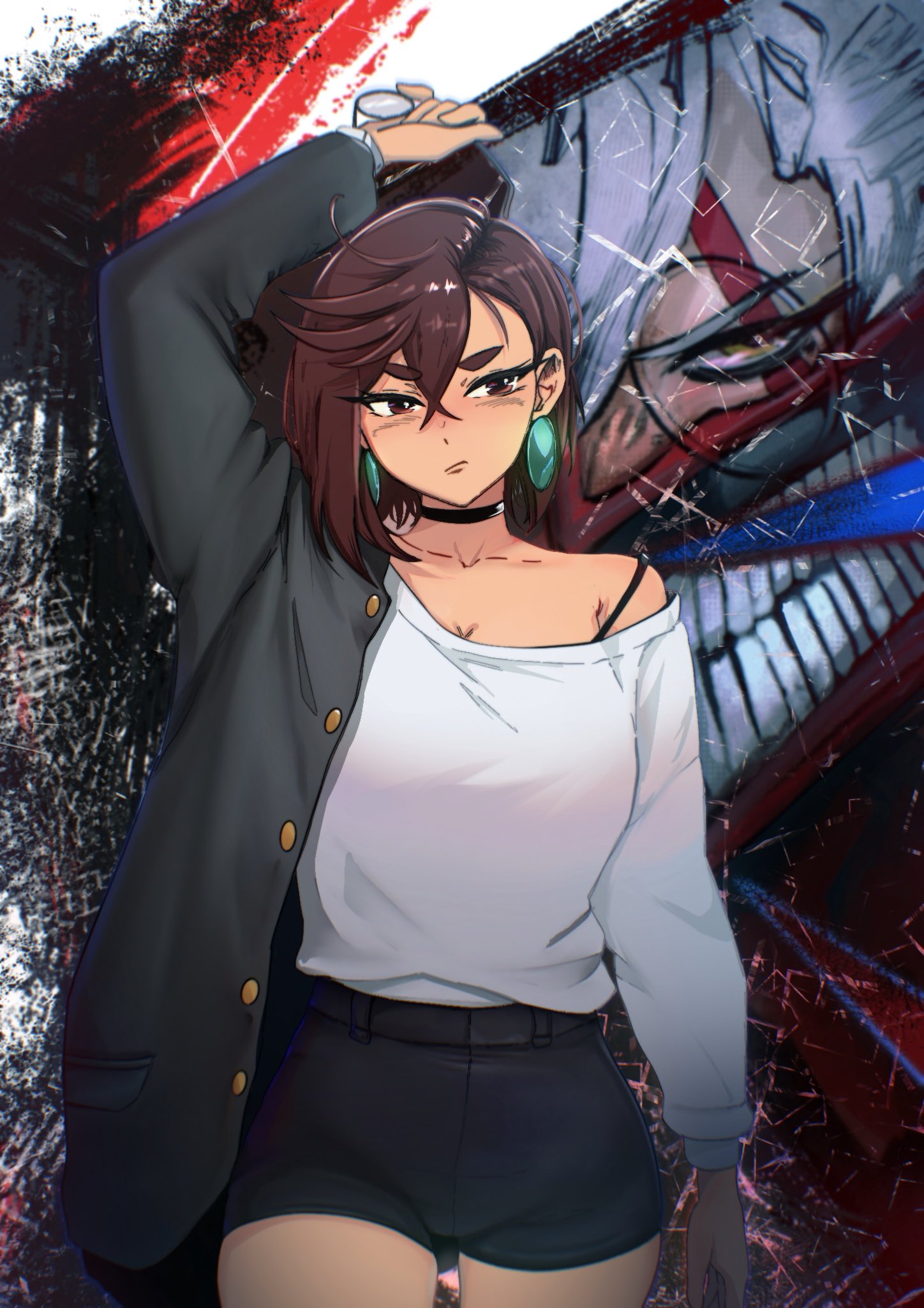 Safebooru - 1boy 1girl arm up ayase momo black choker black jacket black shorts brown eyes brown ...