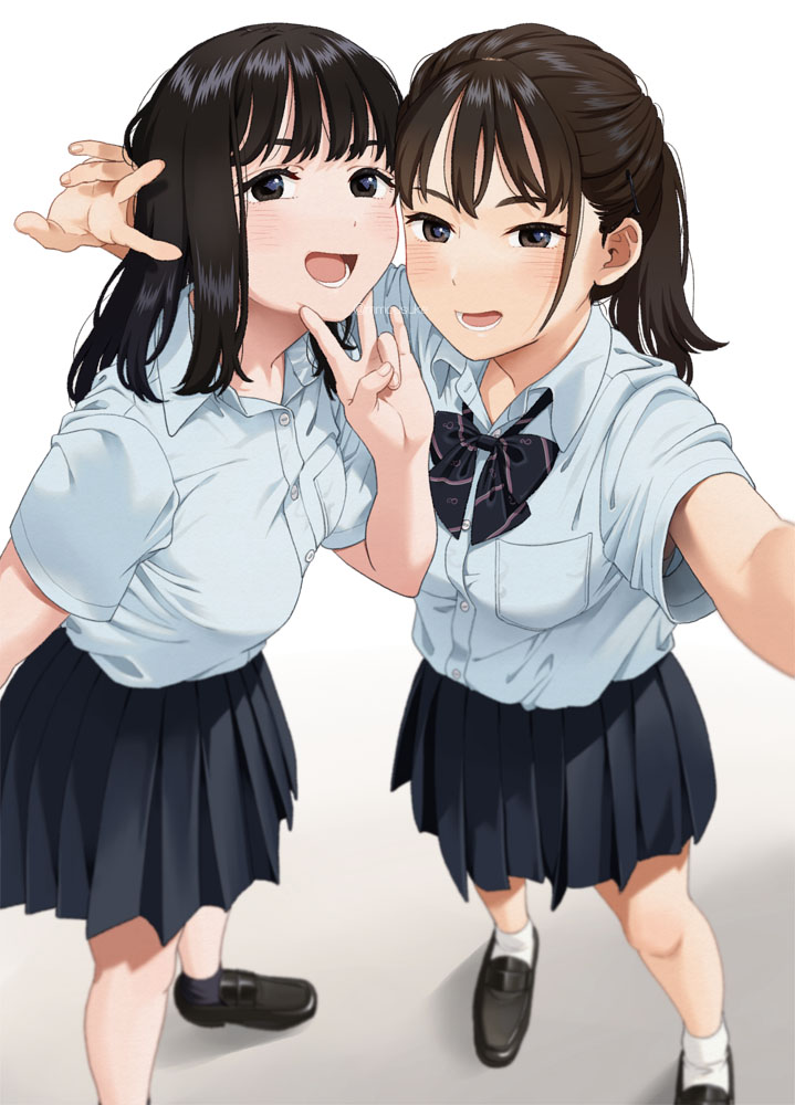 Safebooru - 2girls :d black bow black eyes black footwear black hair black skirt black socks ...