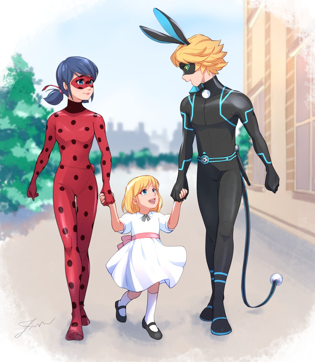 Safebooru - 1boy 2girls adrien agreste animal ears black bodysuit blonde hair blue eyes blue ...
