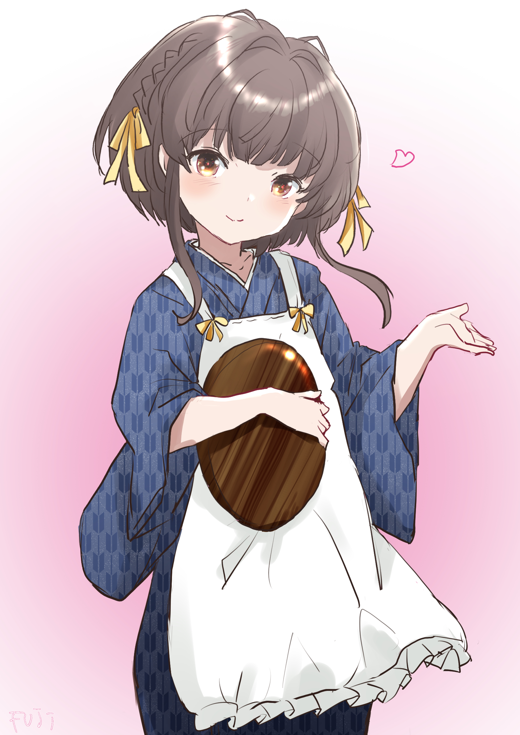 Safebooru - apron black hair blue kimono braid brown eyes commentary request crown braid frilled ...