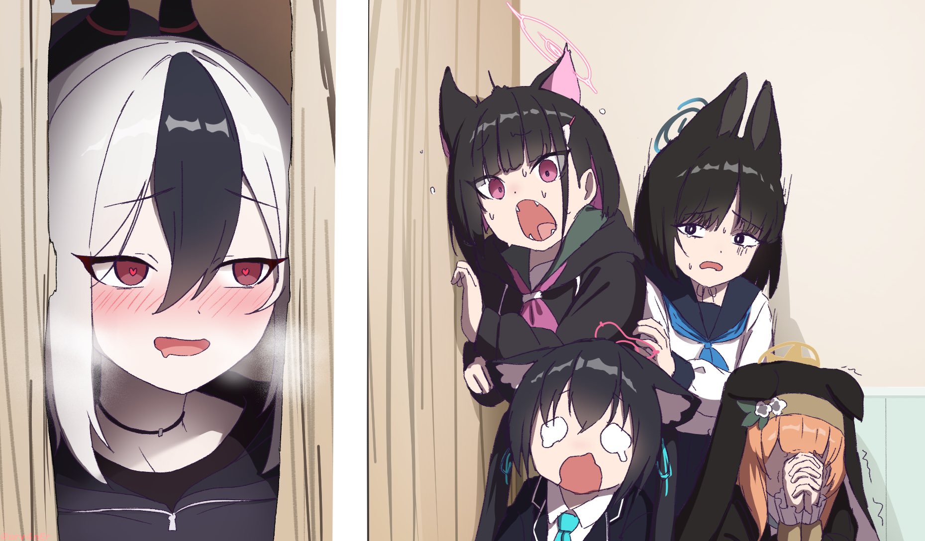 Safebooru - 5girls against wall animal ears blue archive blush cat ears cat girl crying door ...