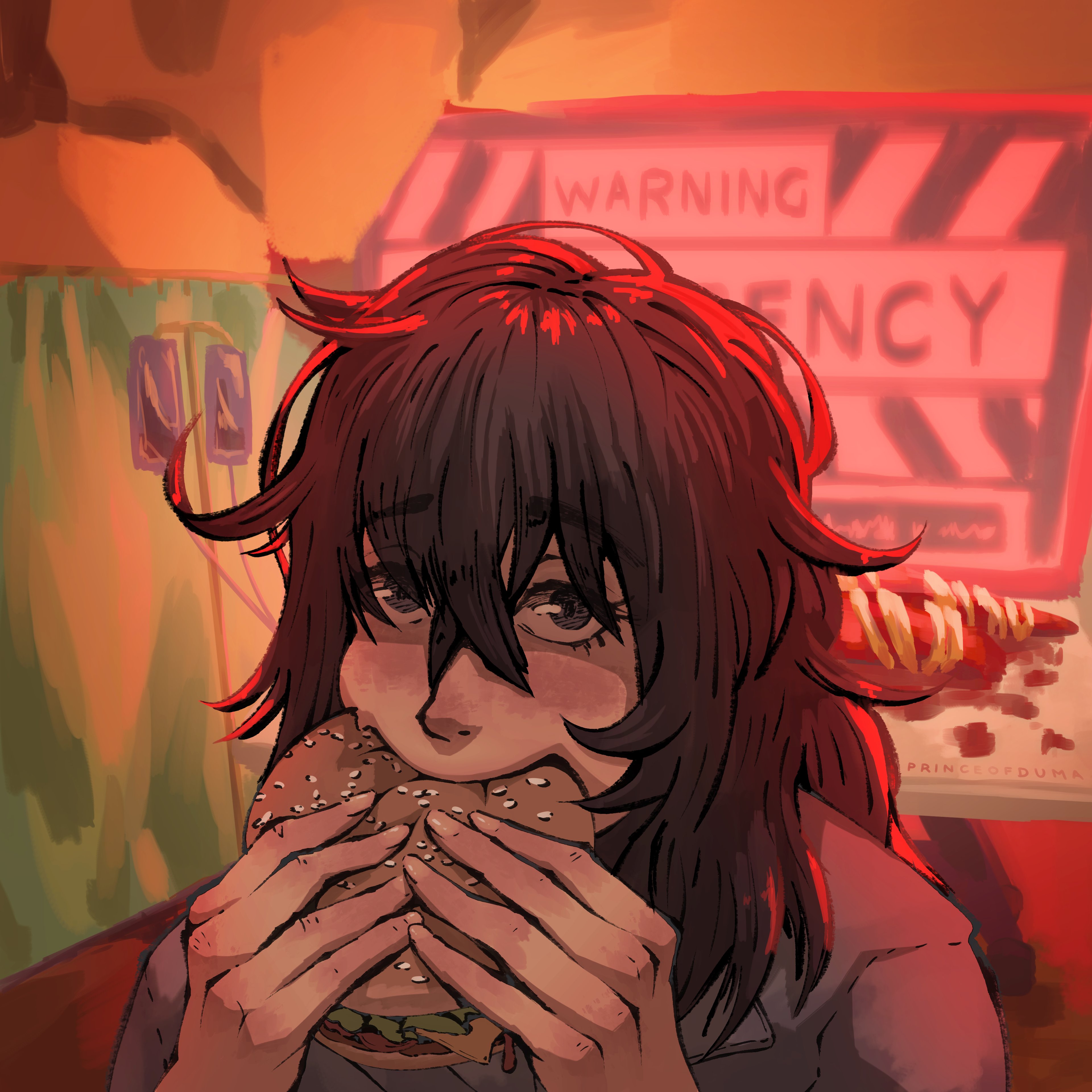 Safebooru - 1boy 1girl absurdres anya (mouthwashing) artist name black eyes black hair burger ...