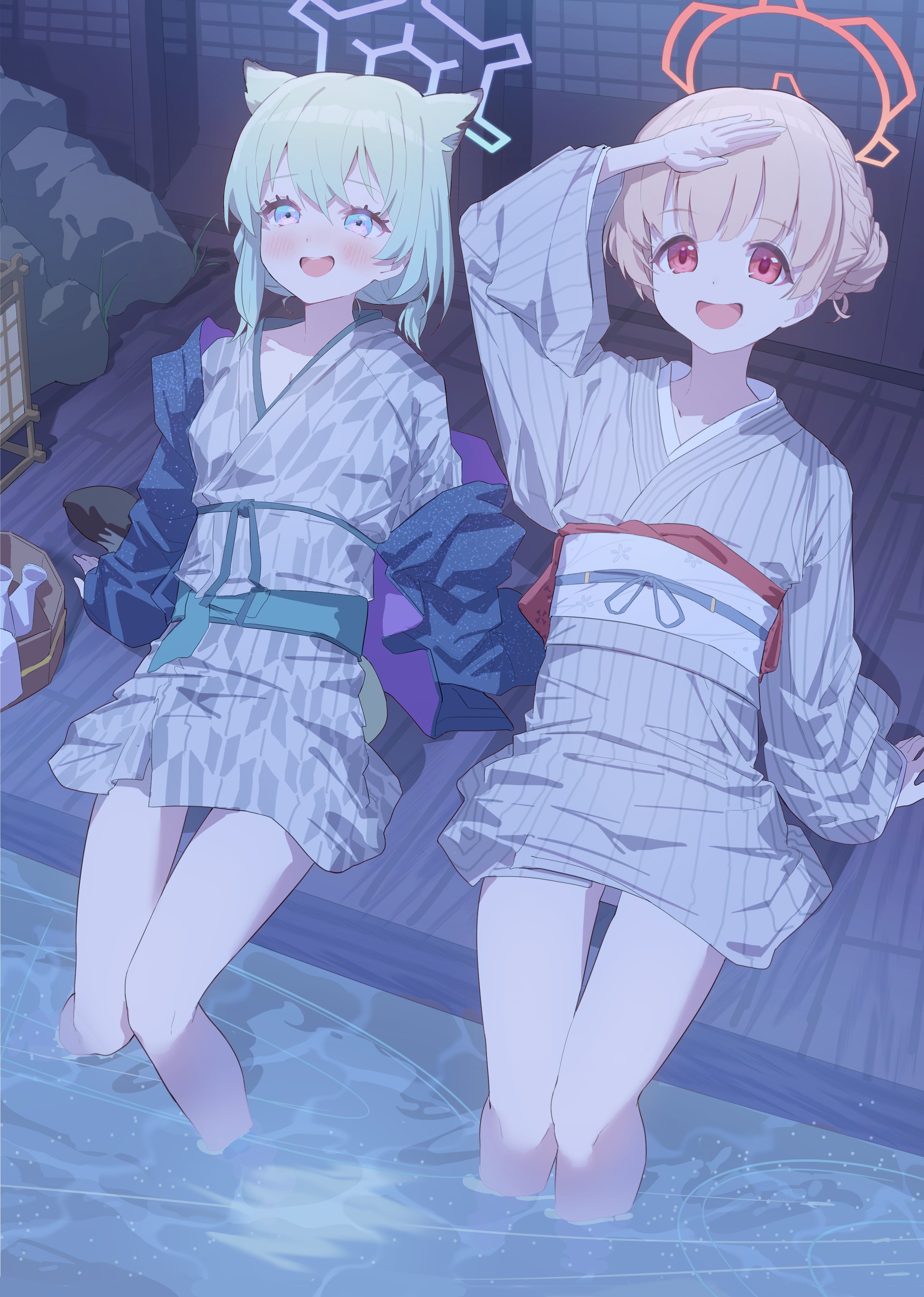 Safebooru - 2girls absurdres animal ears applepie (12711019) bath yukata blonde hair blue ...
