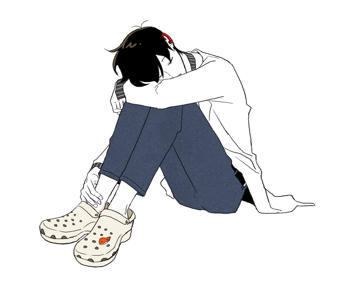 Safebooru - 1boy black hair closed eyes commentary request crocs ...